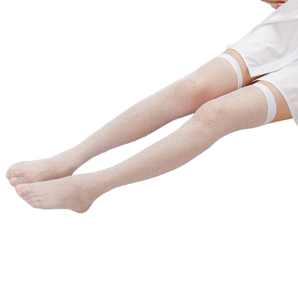 POPLIS Womens Rhinestones Fishnet Over the Knee Socks Elastic Thigh ...