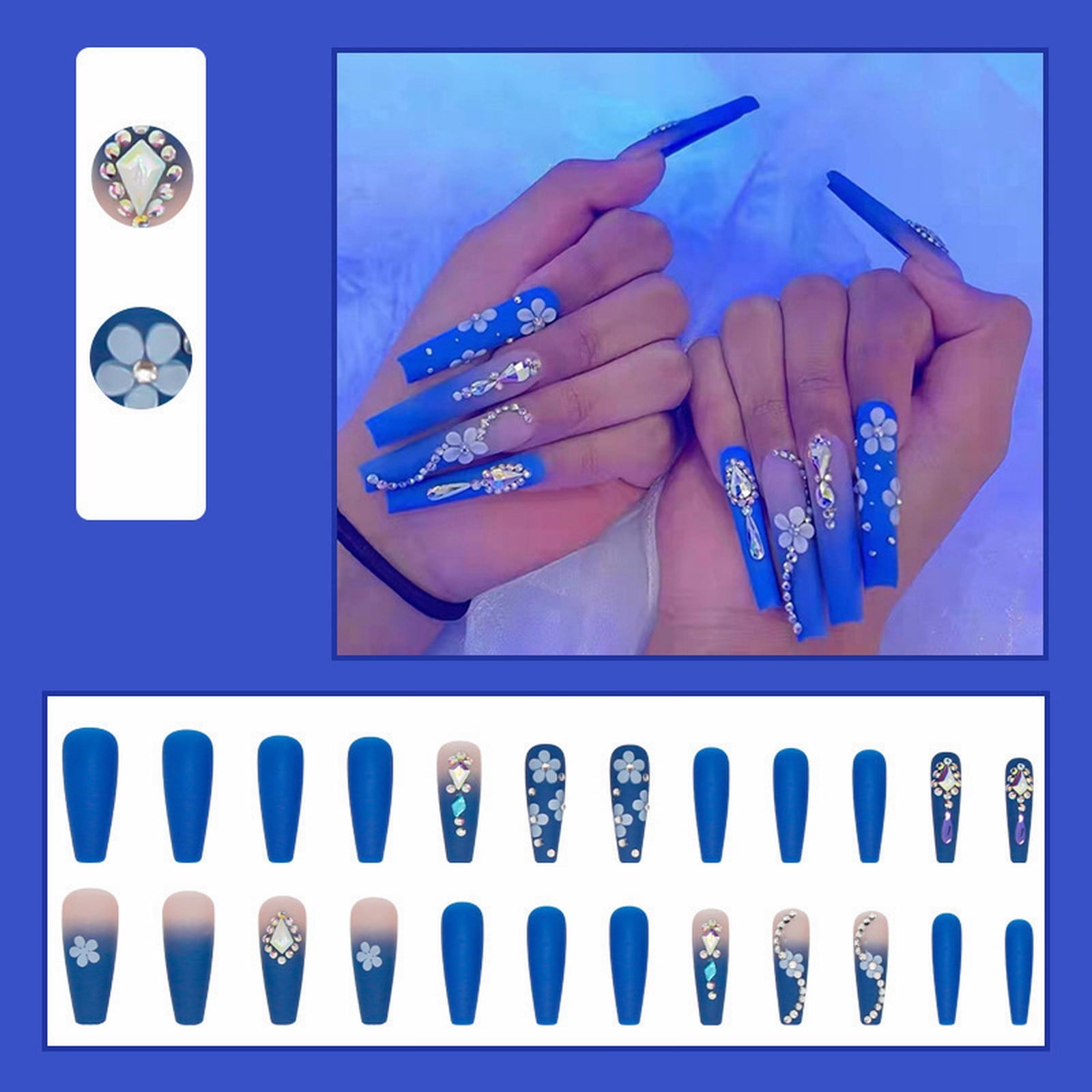 POPNINGKS 2024 Women's Nail Care Long Nail Calendering Rhinestone Blue False Nail Flashing False ...