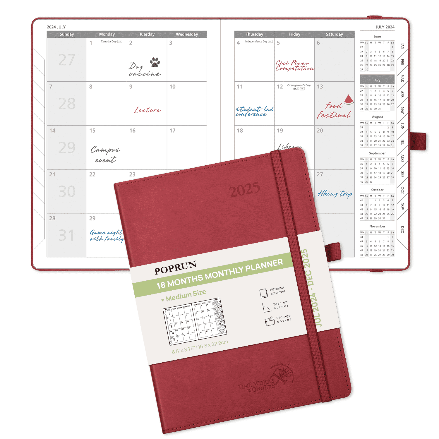 POPRUN Monthly Planner 2024-2025, 6.5" x 8.5", 18-Month Calendar Book ...