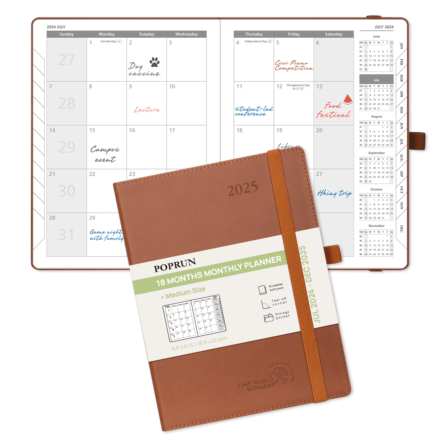 POPRUN Monthly Planner 2024-2025 (8.5" x 6.5"), 18-Month Calendar Book ...