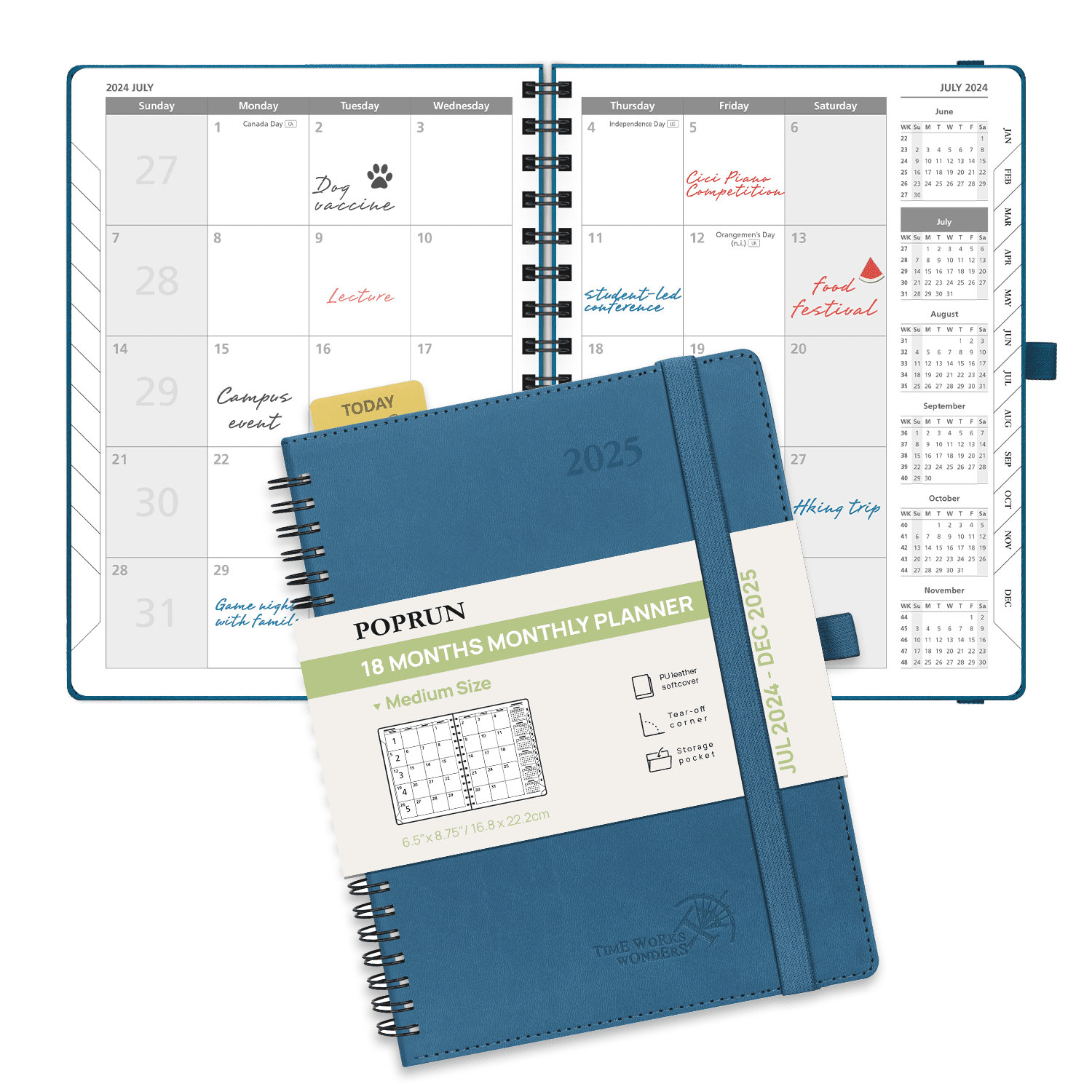 POPRUN Monthly Planner 2024-2025 Spiral Bound (6.5'' x 8.5'') 18 Months ...