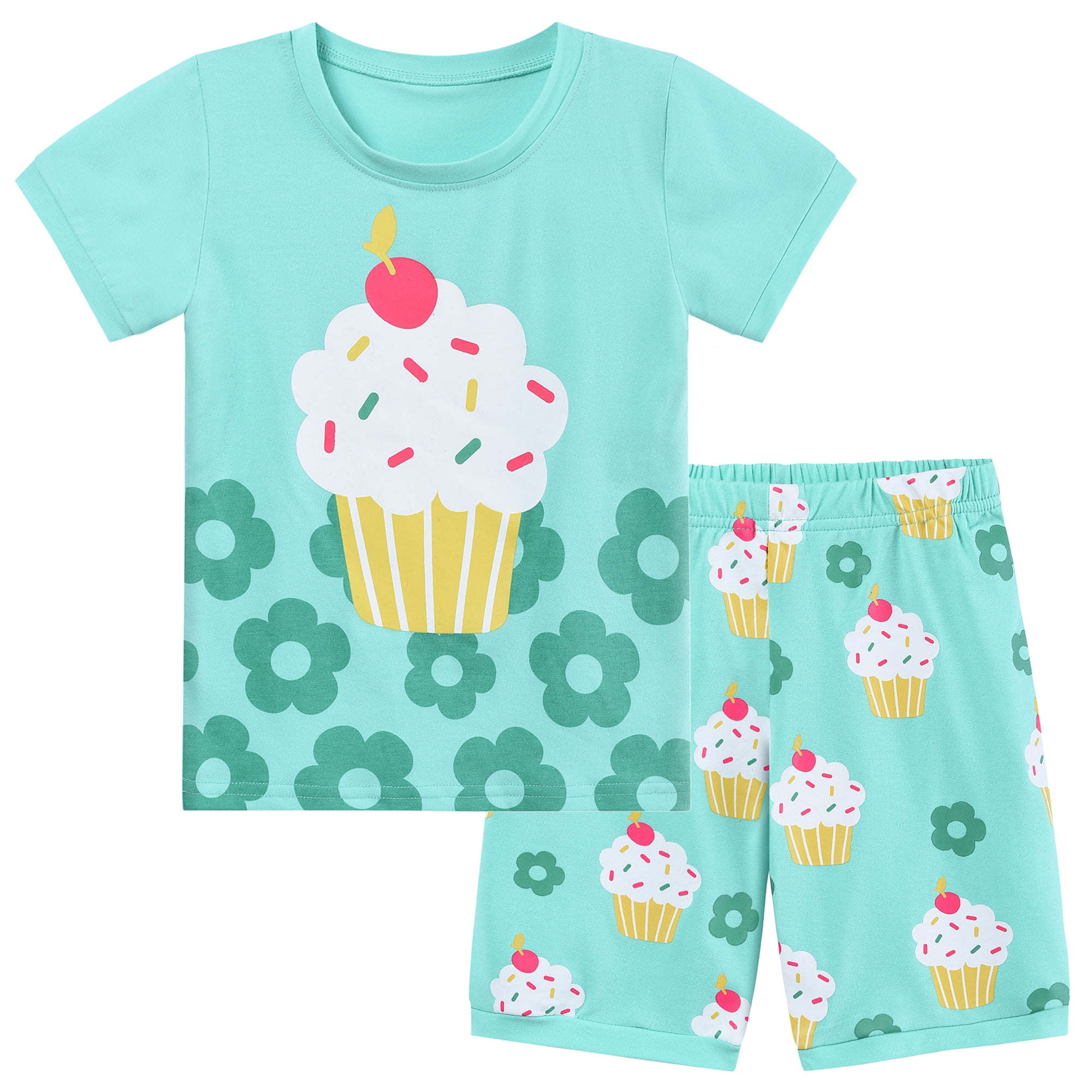 POPTEM Girls Cupcake Pajamas Short Sleeve Cotton Sleepwear Sets 2 ...