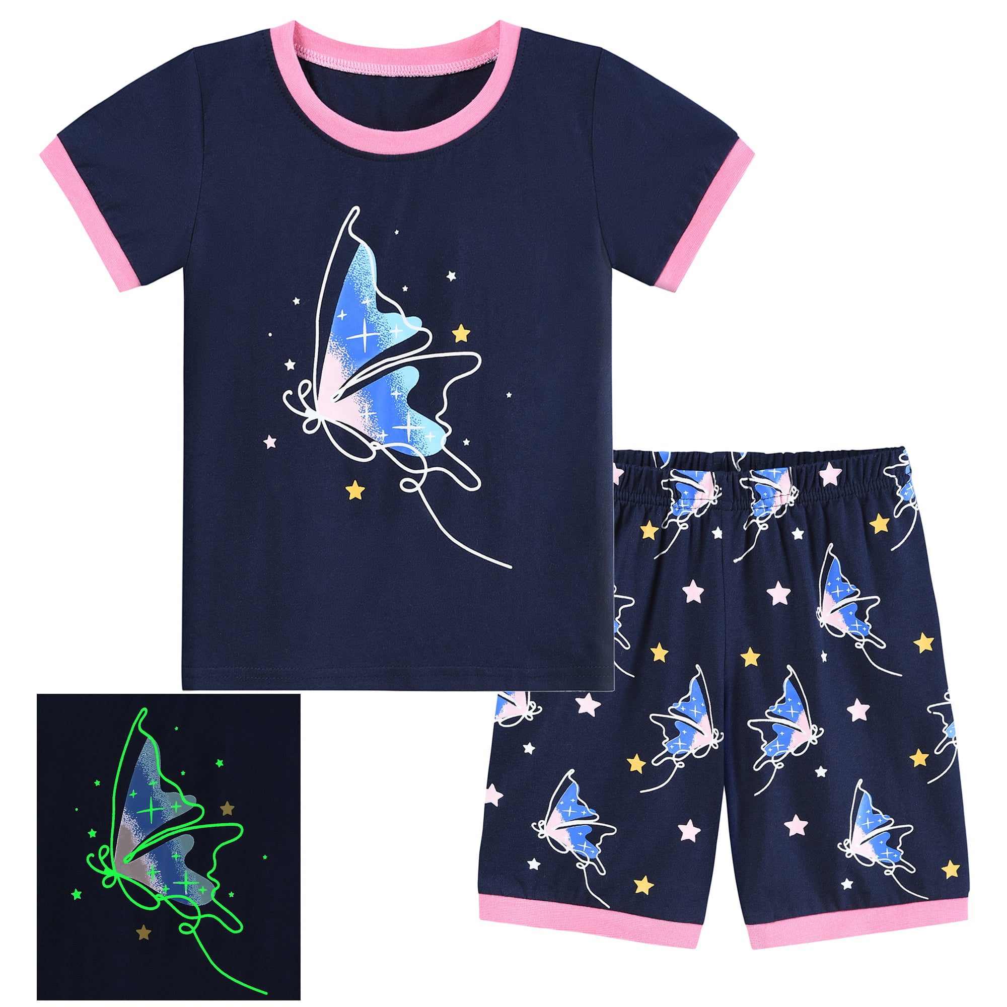 POPTEM Girls Glow in the Dark Butterfly Pajamas Short Sleeves 2-Pieces ...