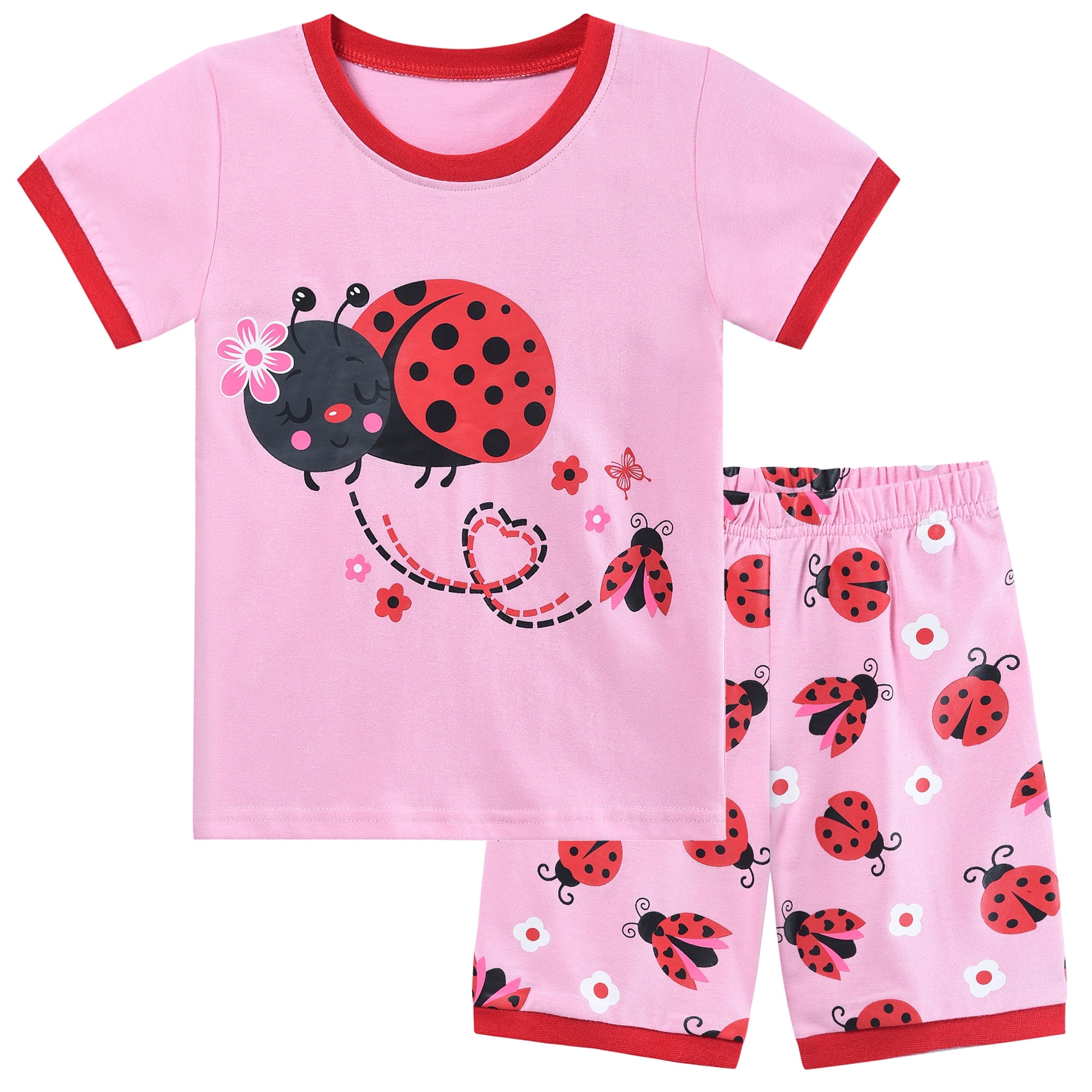 POPTEM Girls Pajamas Ladybug Print Short Sleeve Cotton Sleepwear Sets 2 ...