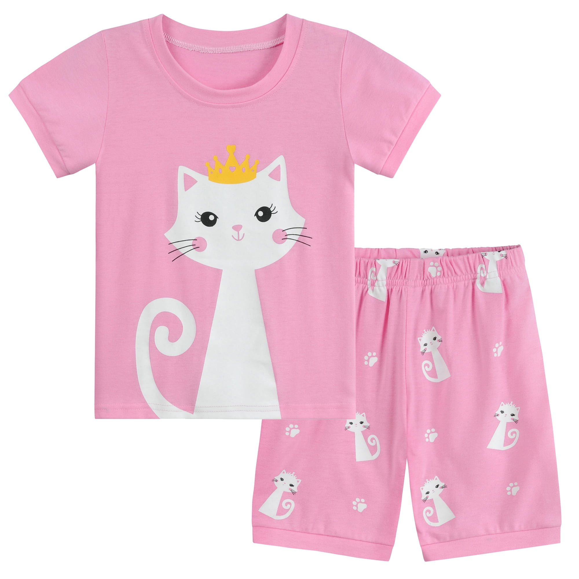 POPTEM Girls Pajamas Short Sleeves Cat Pjs Cotton 2-Pieces Sleepwear ...
