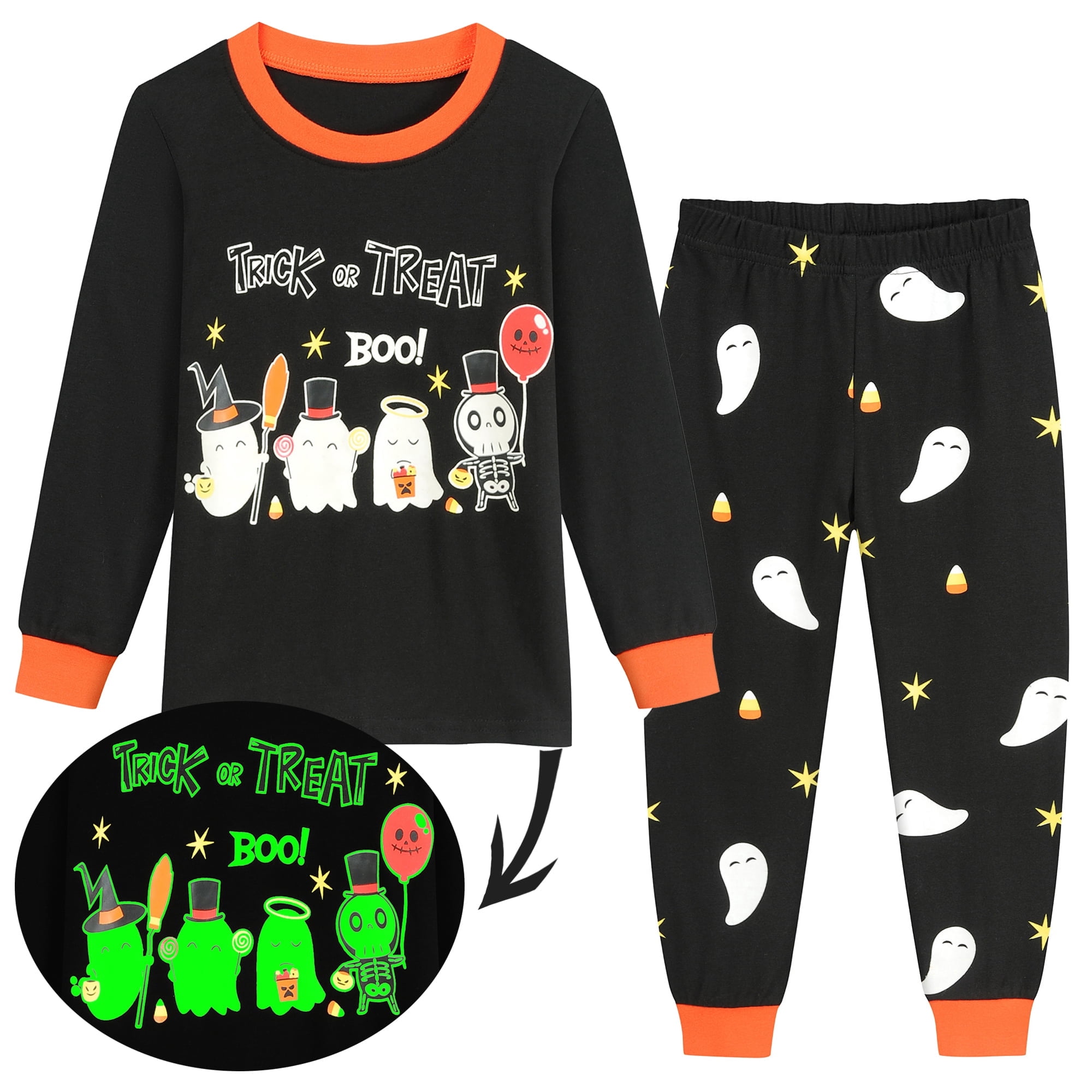 POPTEM Kids Halloween Pajamas Ghost Graphic Glow in the Dark Sleepwear ...