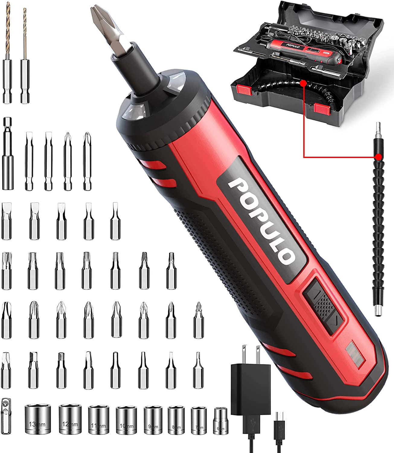 Populo 4V Rechargeable Cordless Electric Screwdriver Kit with LED, 6 ...