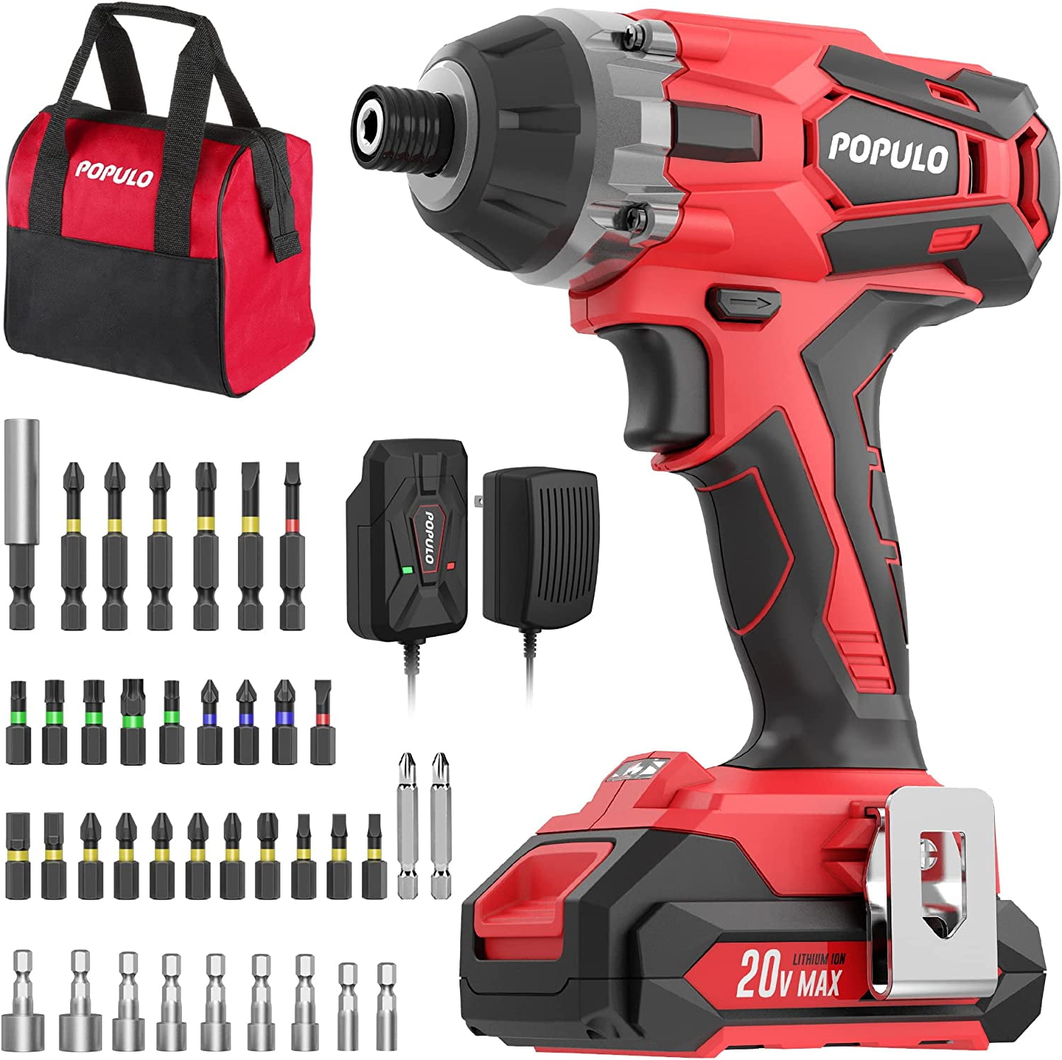 POPULO Cordless Impact Drill Set,Power Impact driver (250N.m) in-lbs ...