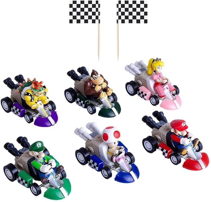 POQUAN 6 Pcs Mini Mario Kart Pull Back Cars Cake Topper Figures Toy Set ...