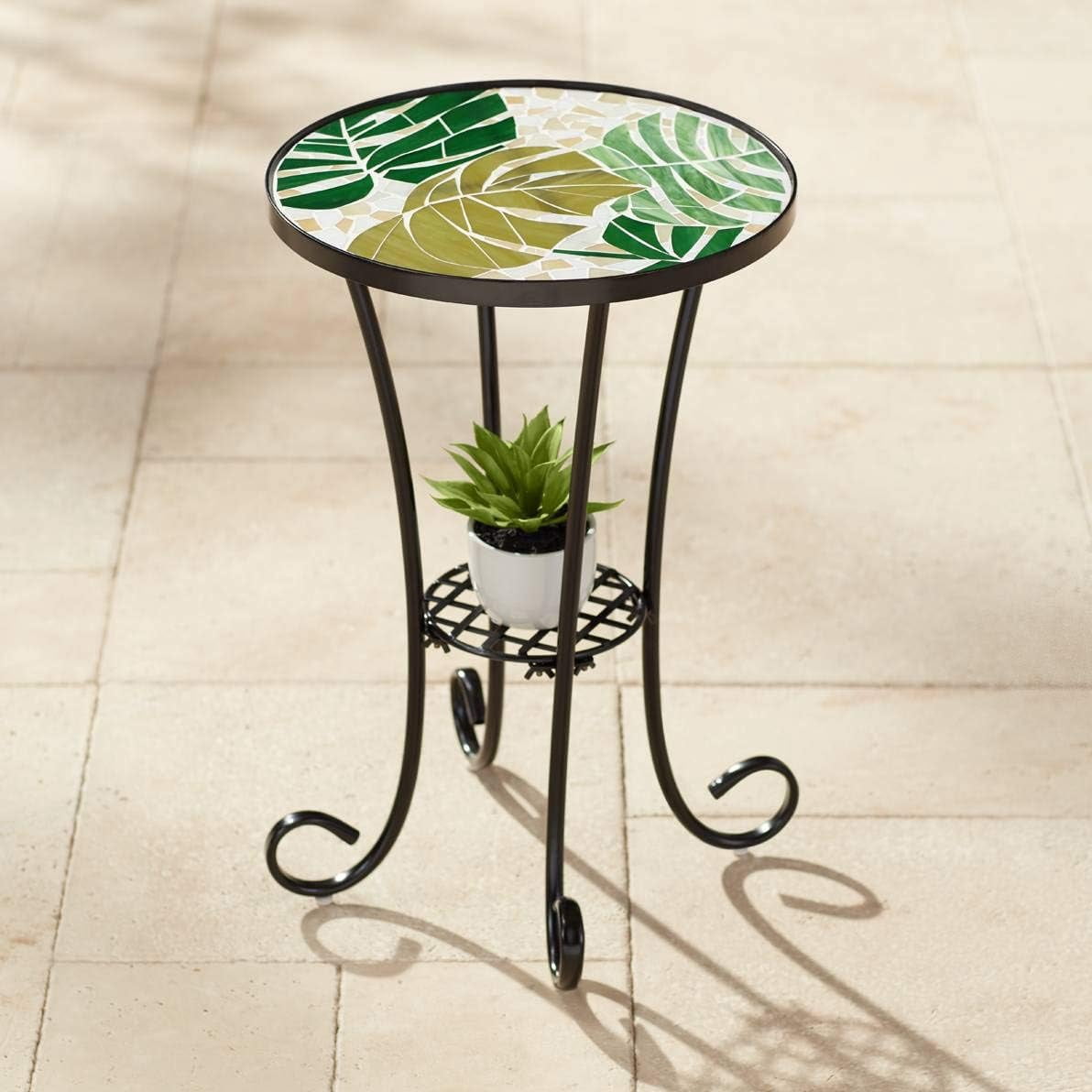 PORJGVTropical Leaves Black Metal Round Outdoor Accent Side Table 14 ...