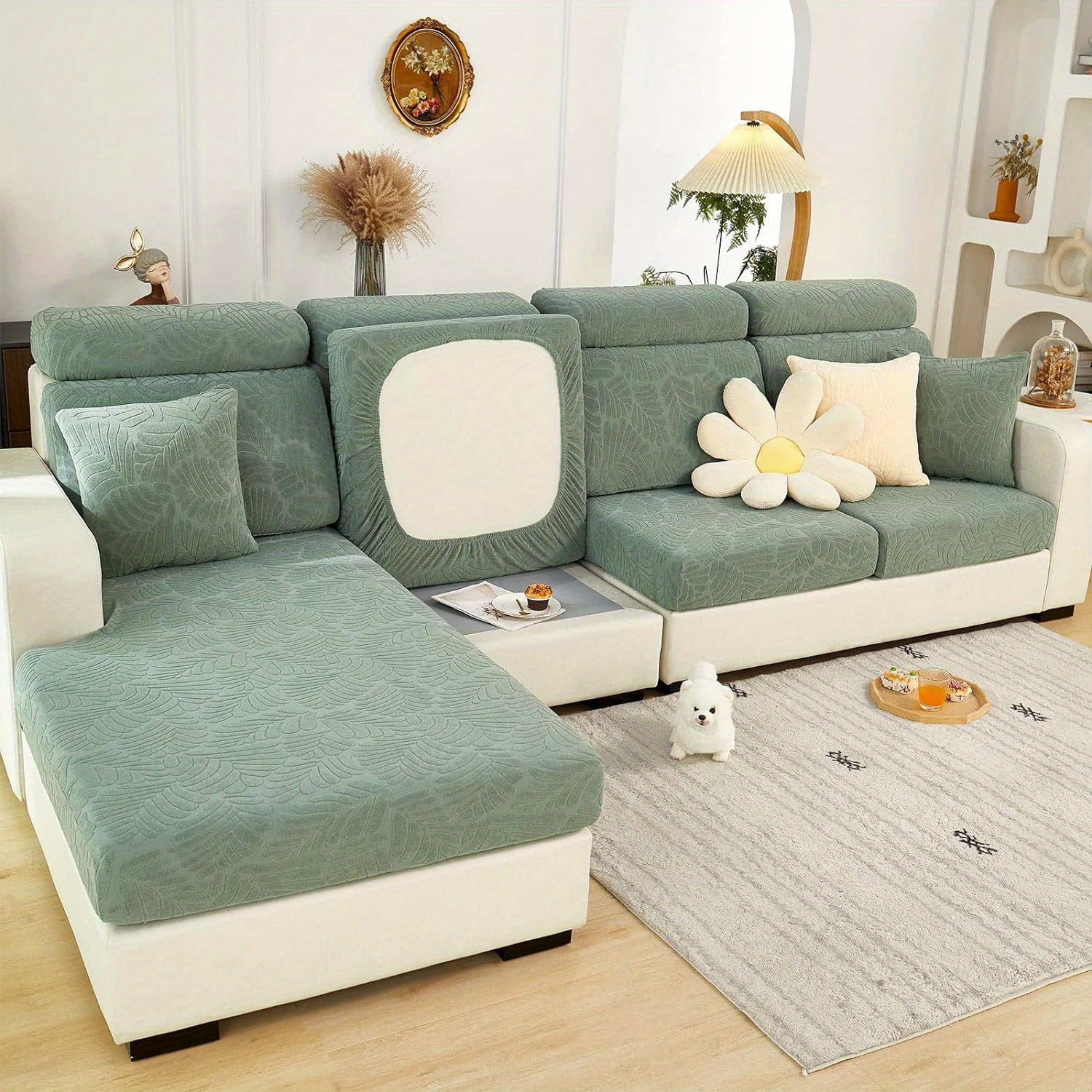 PORK Premium Pure Color Knitted Leaf Pattern Sofa Cover Transform Your Living Room Decor with ...