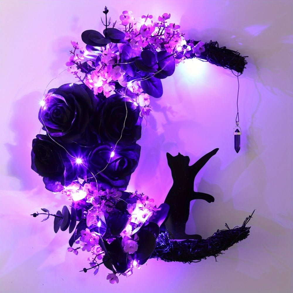 PORK Wreaths Decor for Front Door with Lights 13.77in Halloween Moon ...
