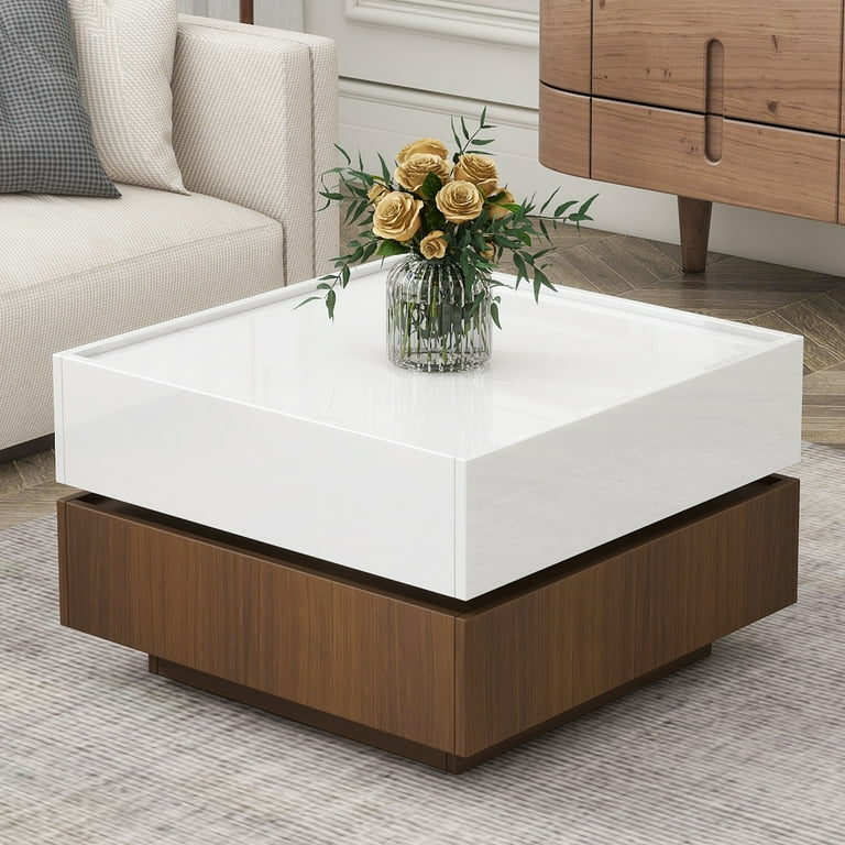 PORKISS 2 in 1 Nesting Coffee Table Modern Square Coffee Table with Wheels and Drawers Small Stacking Coffee Table with High Gloss Marble Grain Top