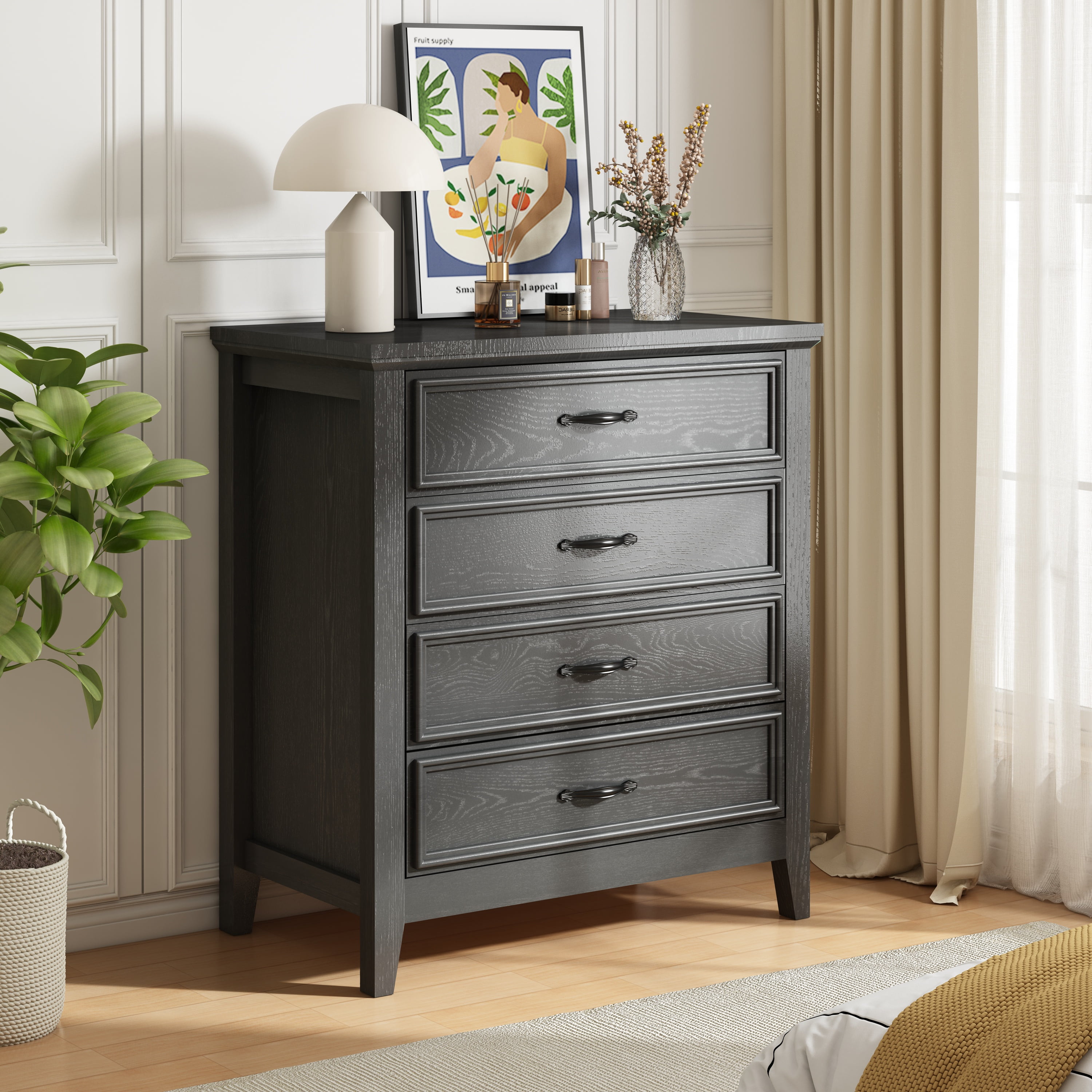 PORKISS 4 Drawer Dresser, Wooden Chest of Drawers for Bedroom with ...
