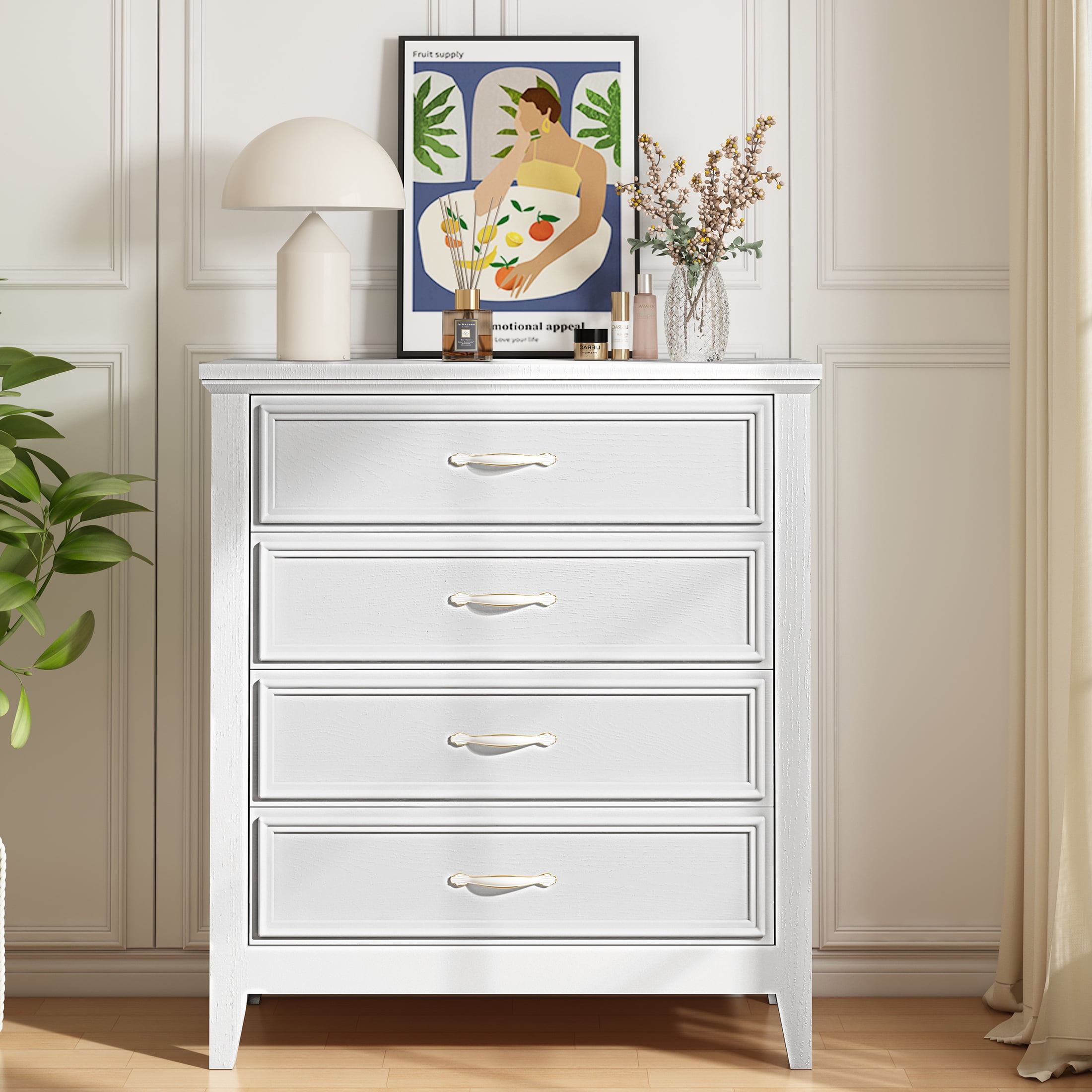 PORKISS 4 Drawer Dresser, Wood Chest of Drawers for Bedroom with Sturdy ...