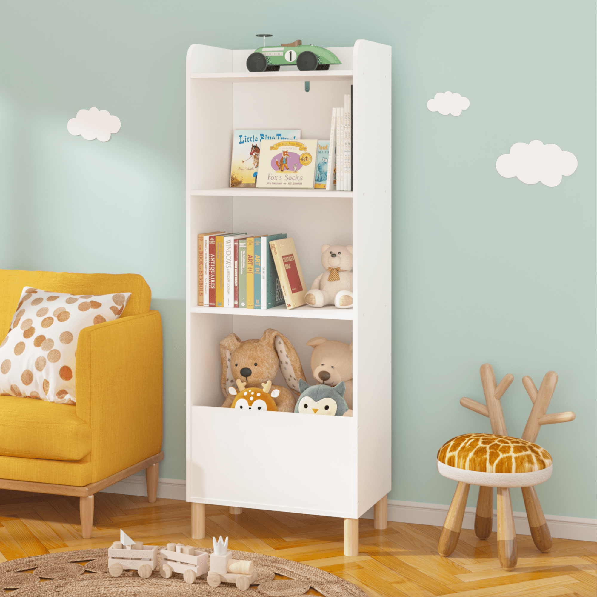 PORKISS 4 Tier Bookshelf for Kids, Wooden Kids Bookcase with Toy ...