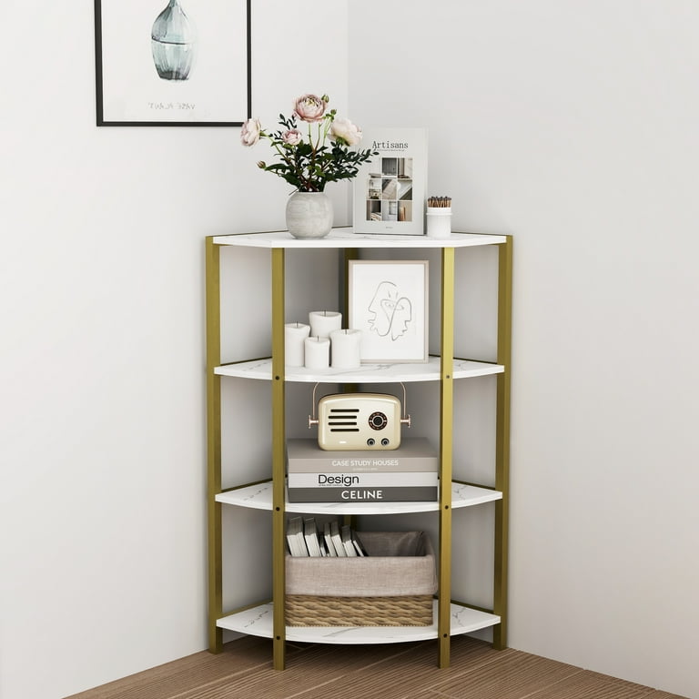 PORKISS 4 Tier Corner Bookshelf Wooden Display Open Shelves with Metal Frame Freestanding Small Plant Stand for Living Room Home Office Gold White