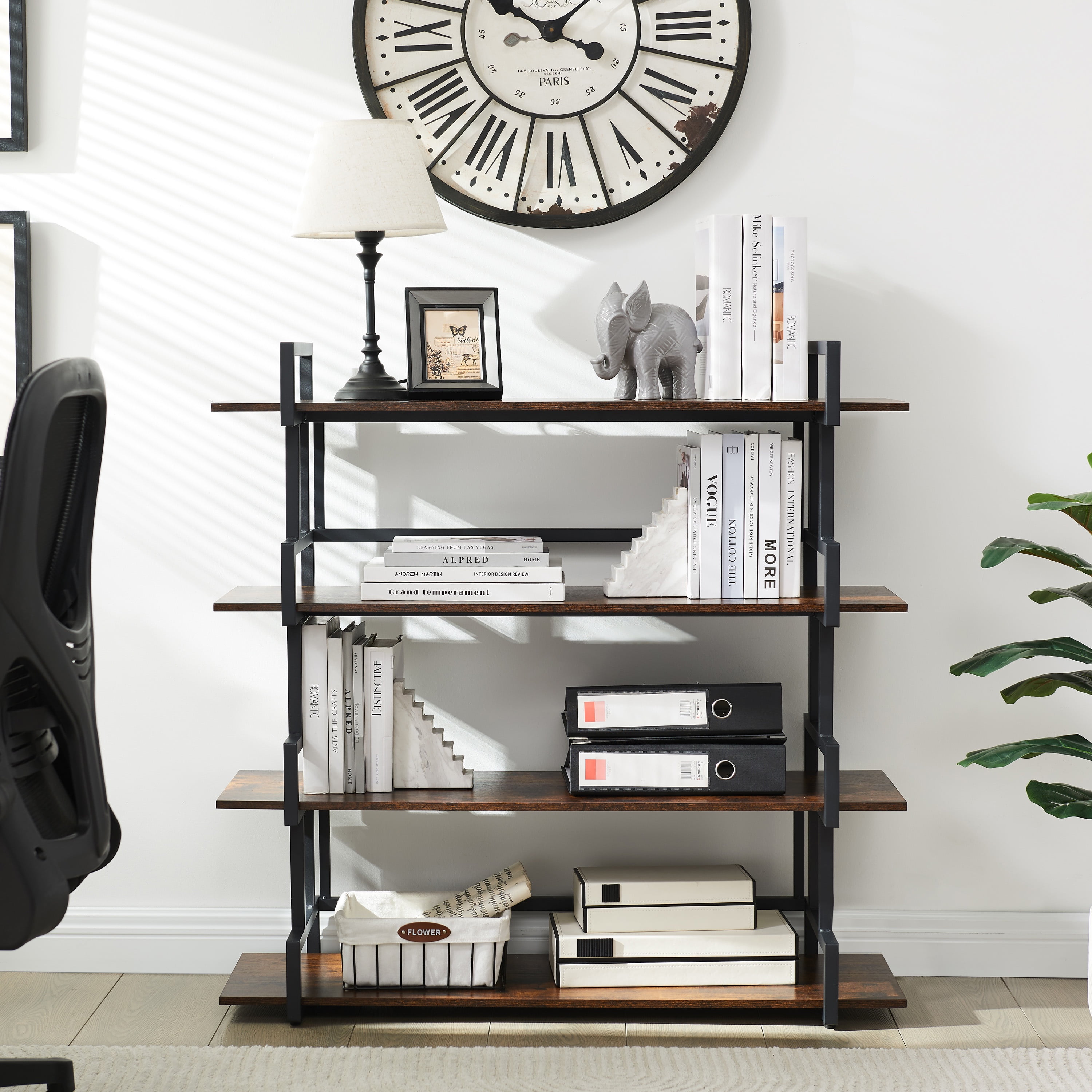 PORKISS 4 Tier Office Bookshelf, Wood Open Display Shelves with Metal ...