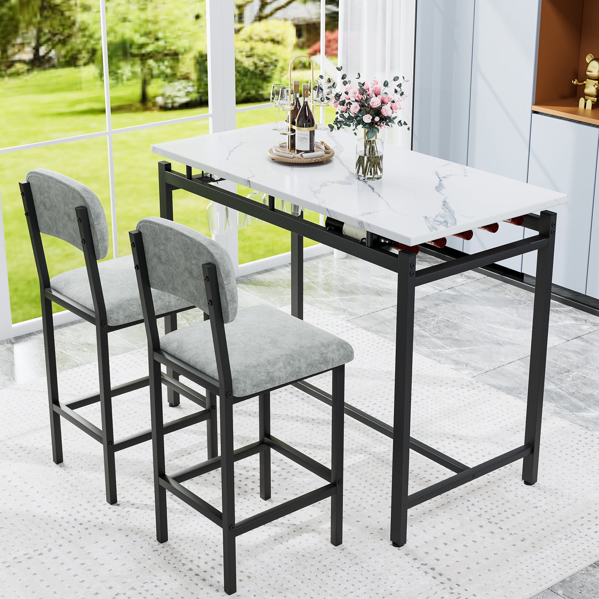 PORKISS 3 Piece Dining Room Set, Bar Dining Table Set with Storage Rack ...