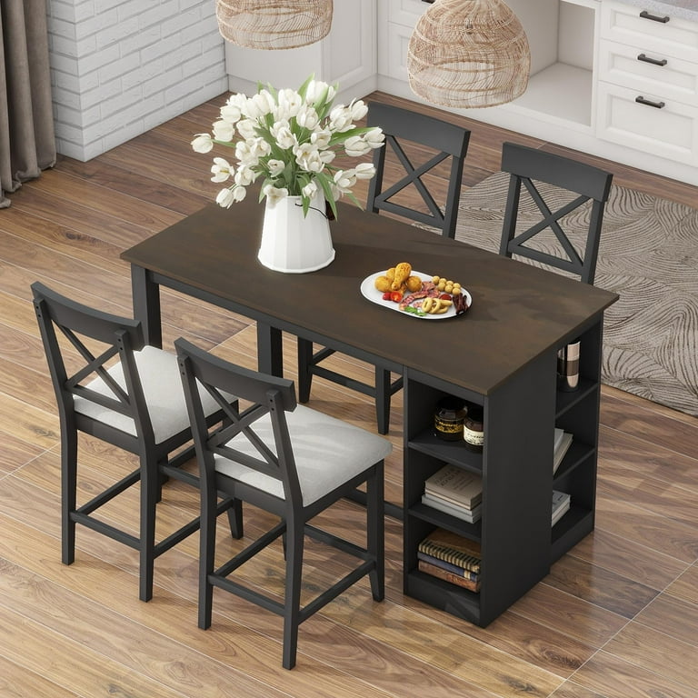 PORKISS 5 Piece Dining Table Set Solid Wood Dining Table with 3 tier Storage Shelves 4 Upholstered Chairs for Dining Room Kitchen Apartment Gray Walmart