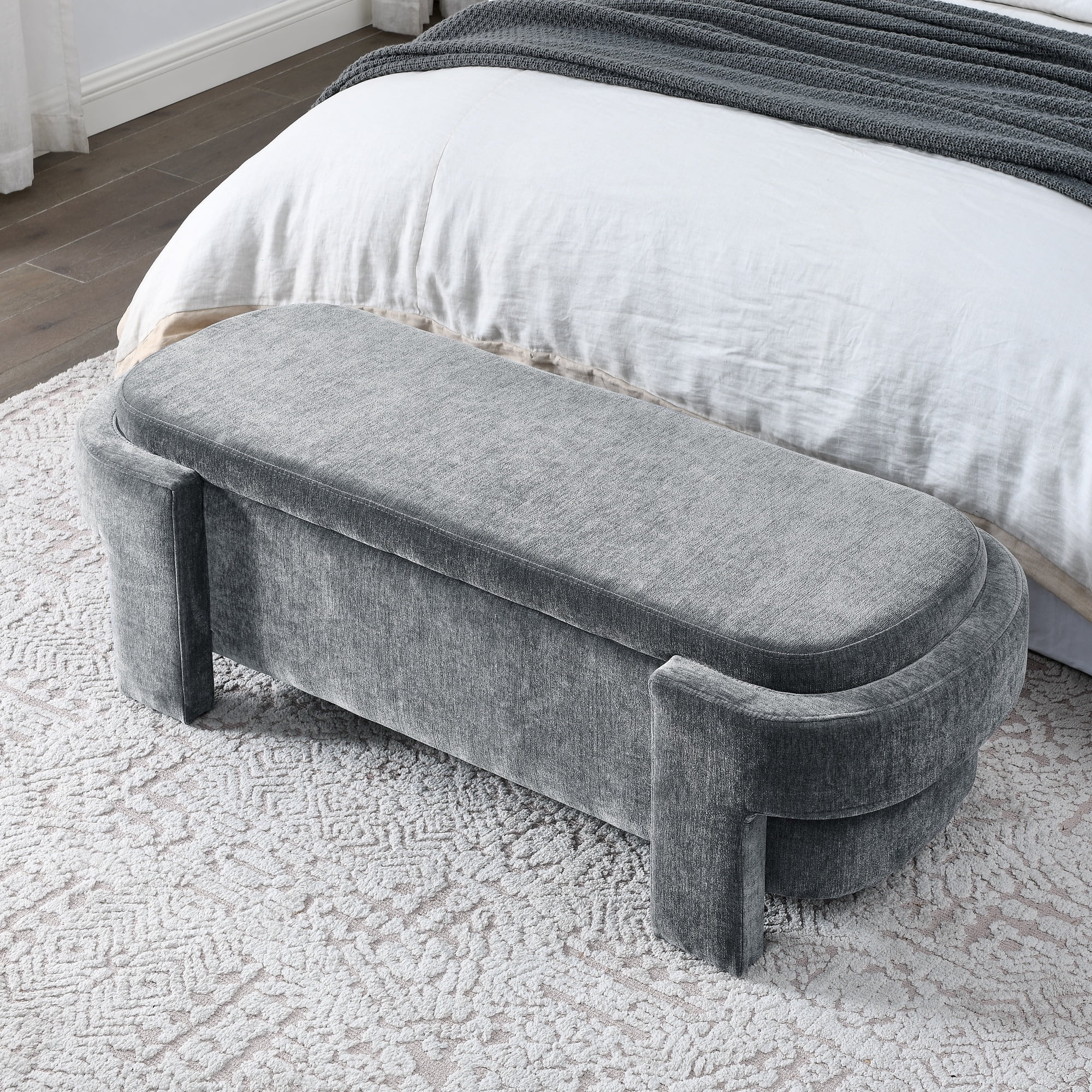 PORKISS 51” Storage Ottoman Bench, Linen Upholstered Long Storage Bench ...