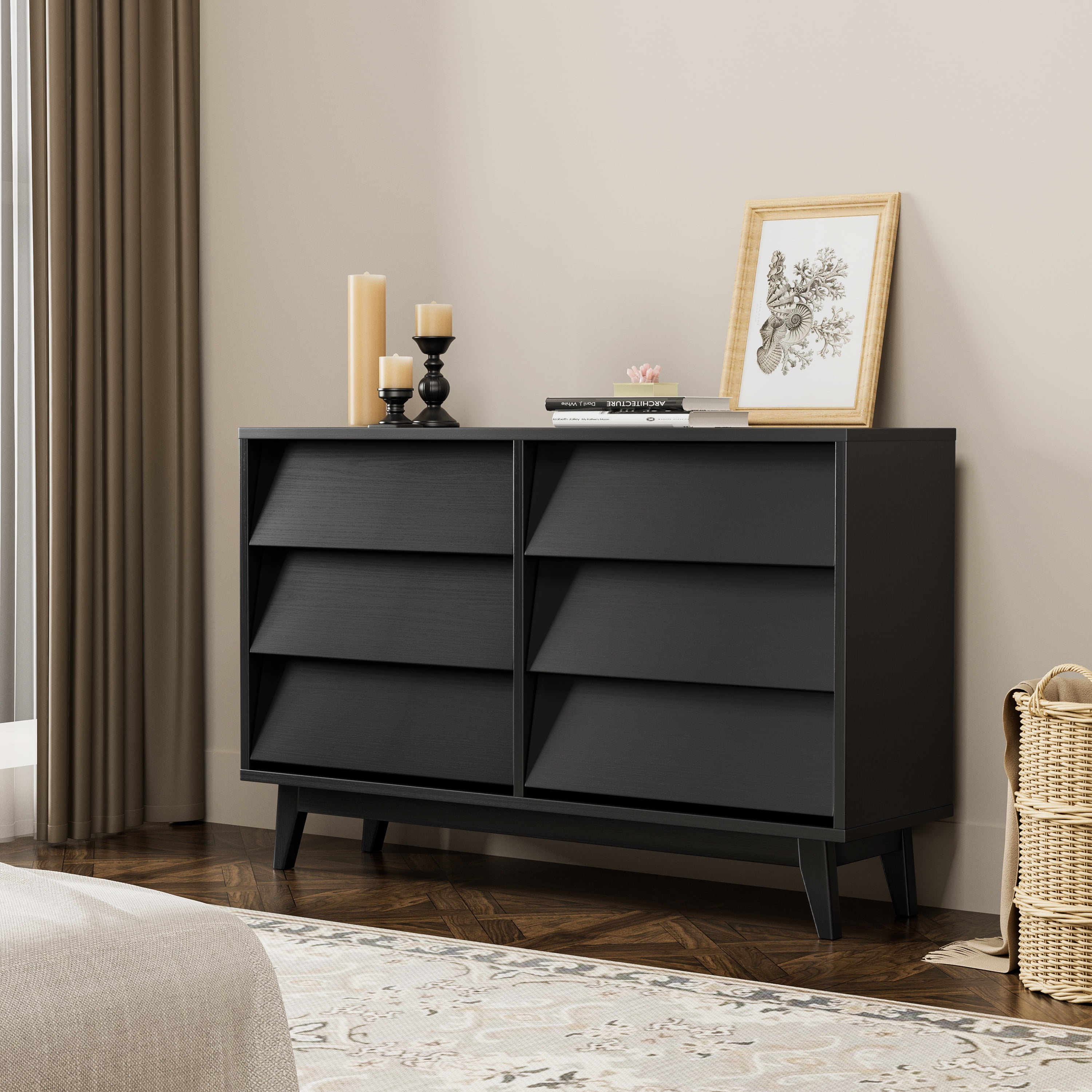 PORKISS 6-Drawer Dresser, Wooden Chest Organizer with Drawers and Bevel ...