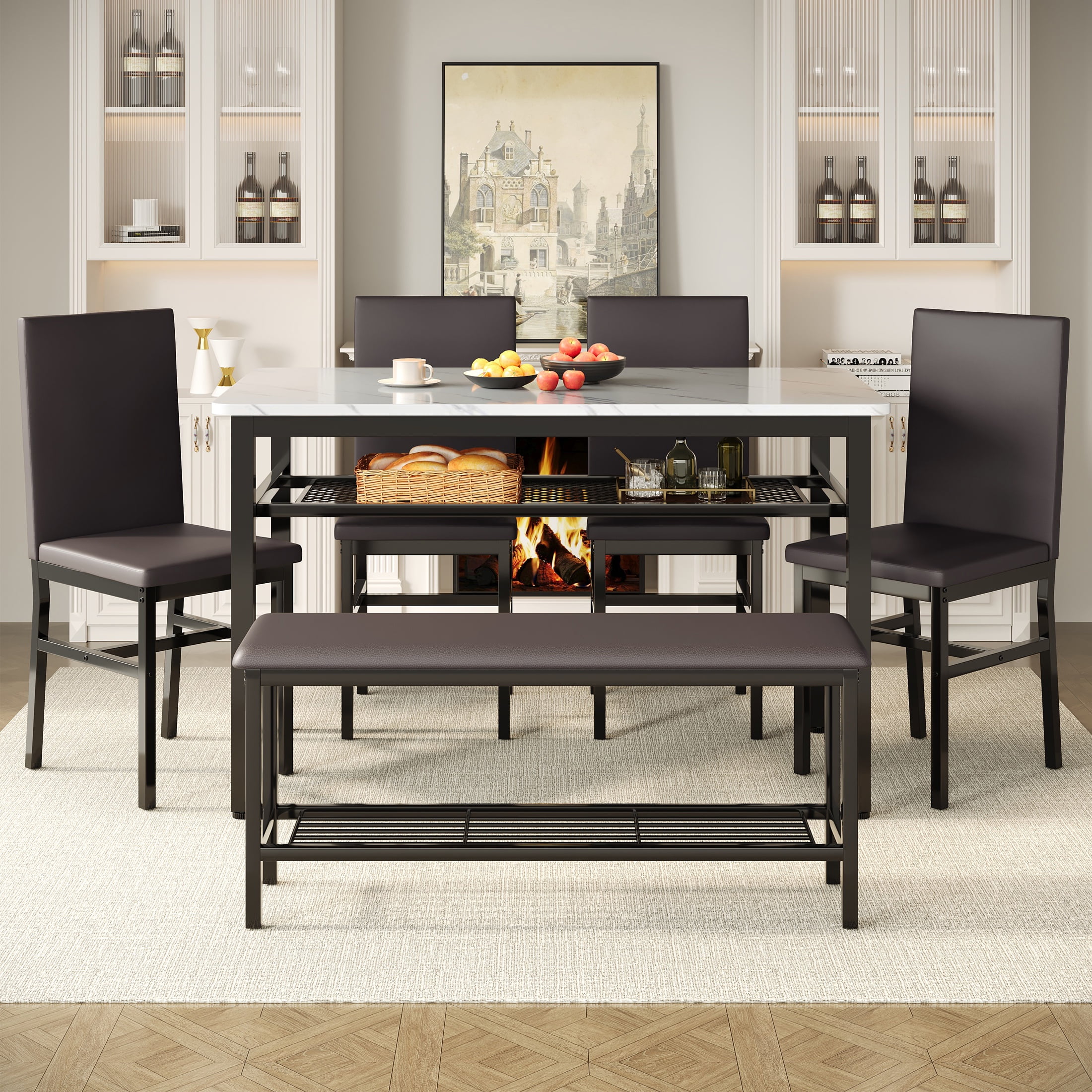 PORKISS Dining Room Set for 6, Modern Dining Table Set for 6 with Faux ...