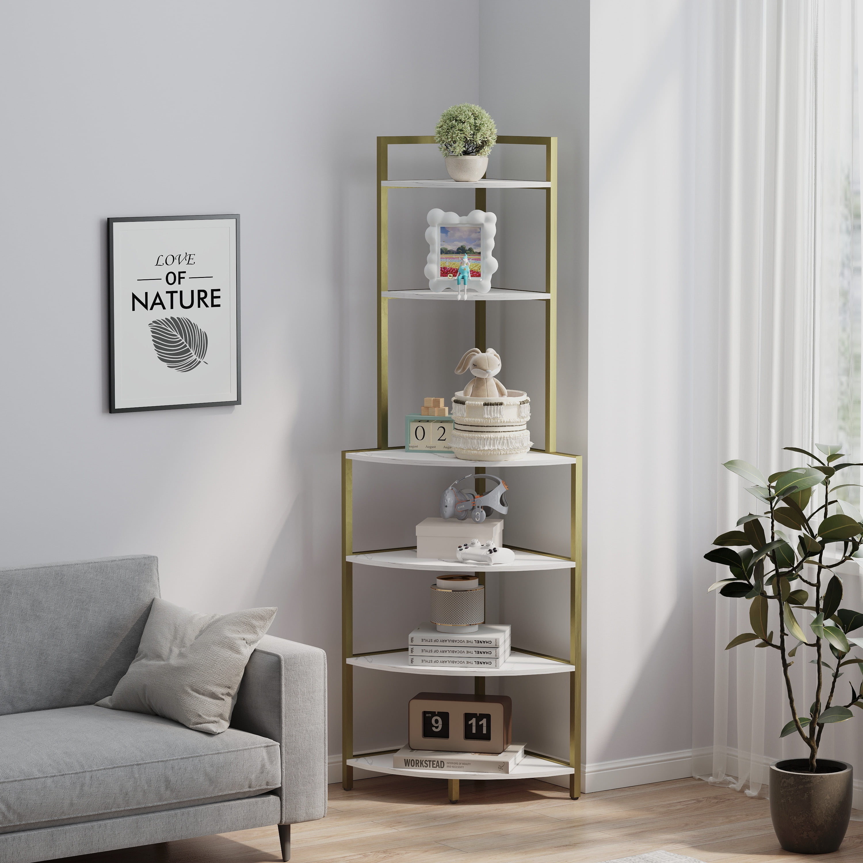 PORKISS 6 Tiers Corner Bookshelf, Wood Open Display Shelf with Metal ...