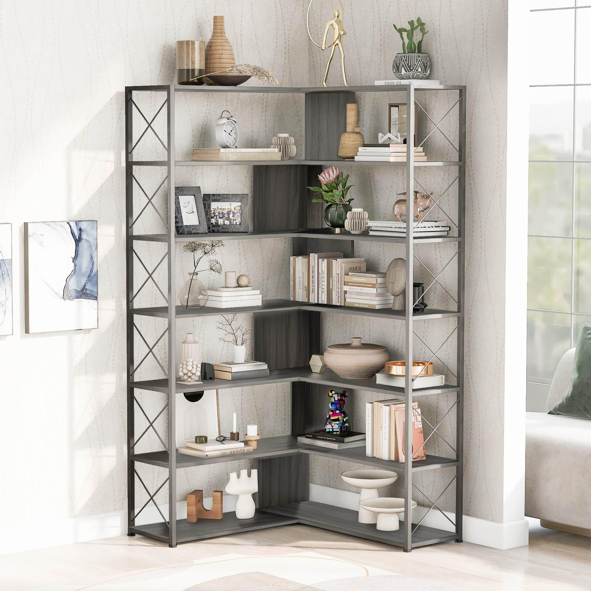 PORKISS 7-Tier Corner Bookshelf, Wood Etagere Bookcase with Metal Frame ...