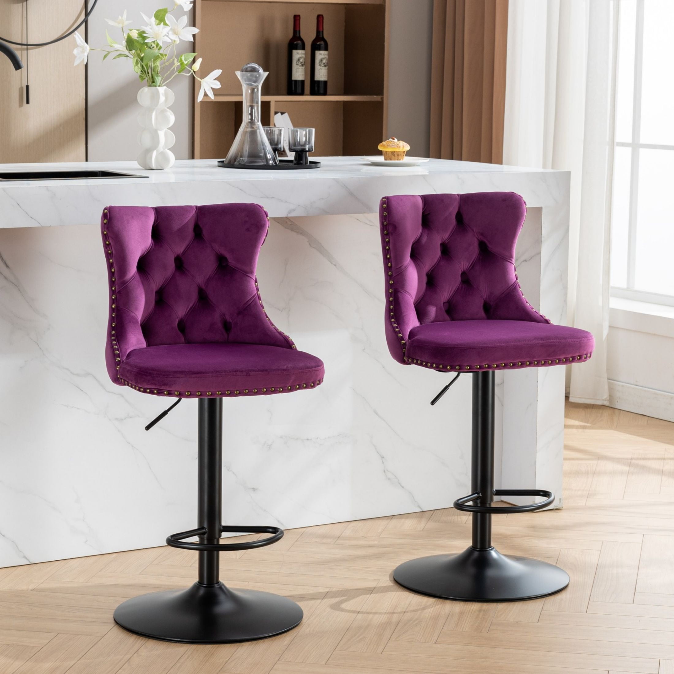 PORKISS Bar Stools, Velvet Adjustable Swivel Barstools with Back Set of ...