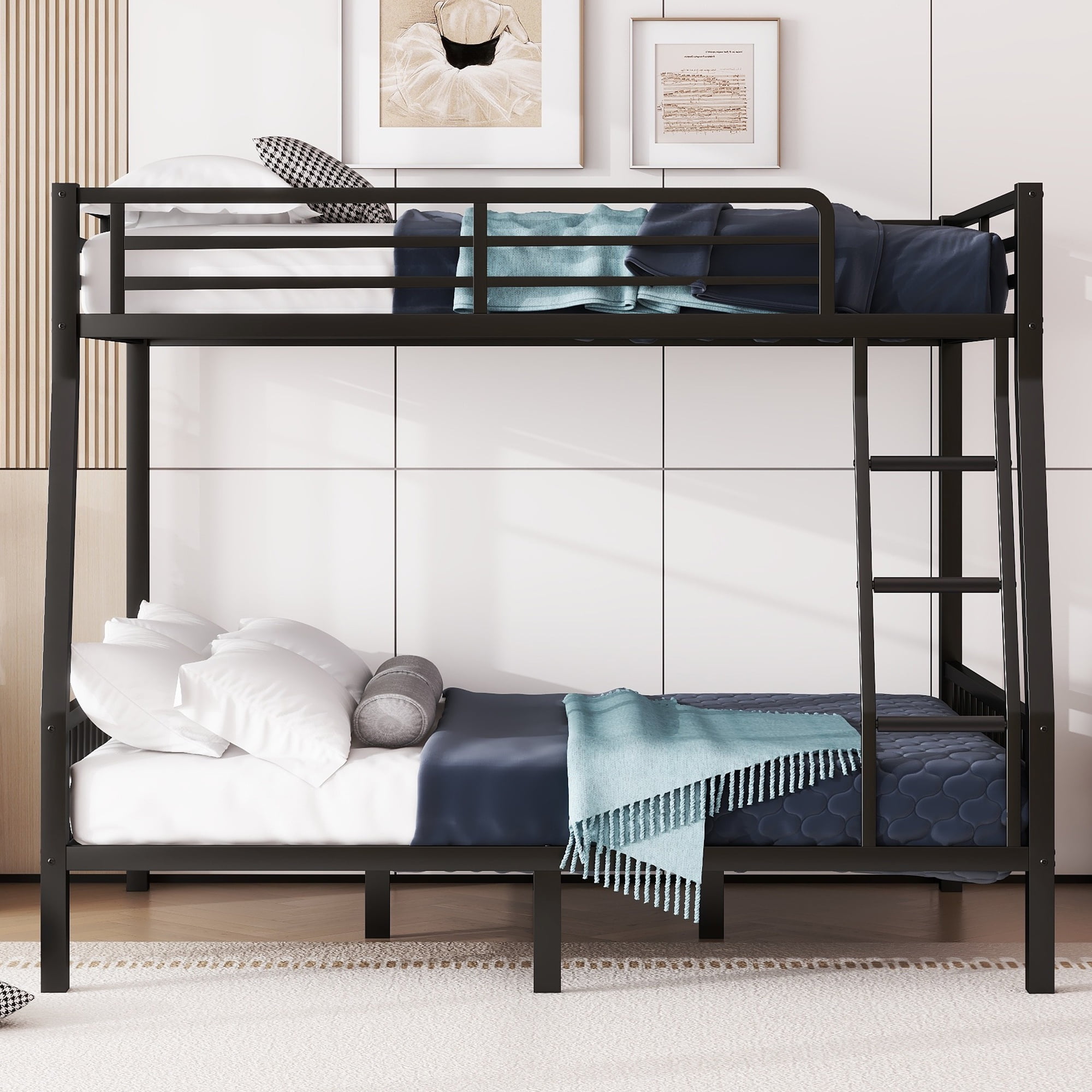 PORKISS Black Metal Full XL Over Queen Bunk Bed Frame with Ladders and ...