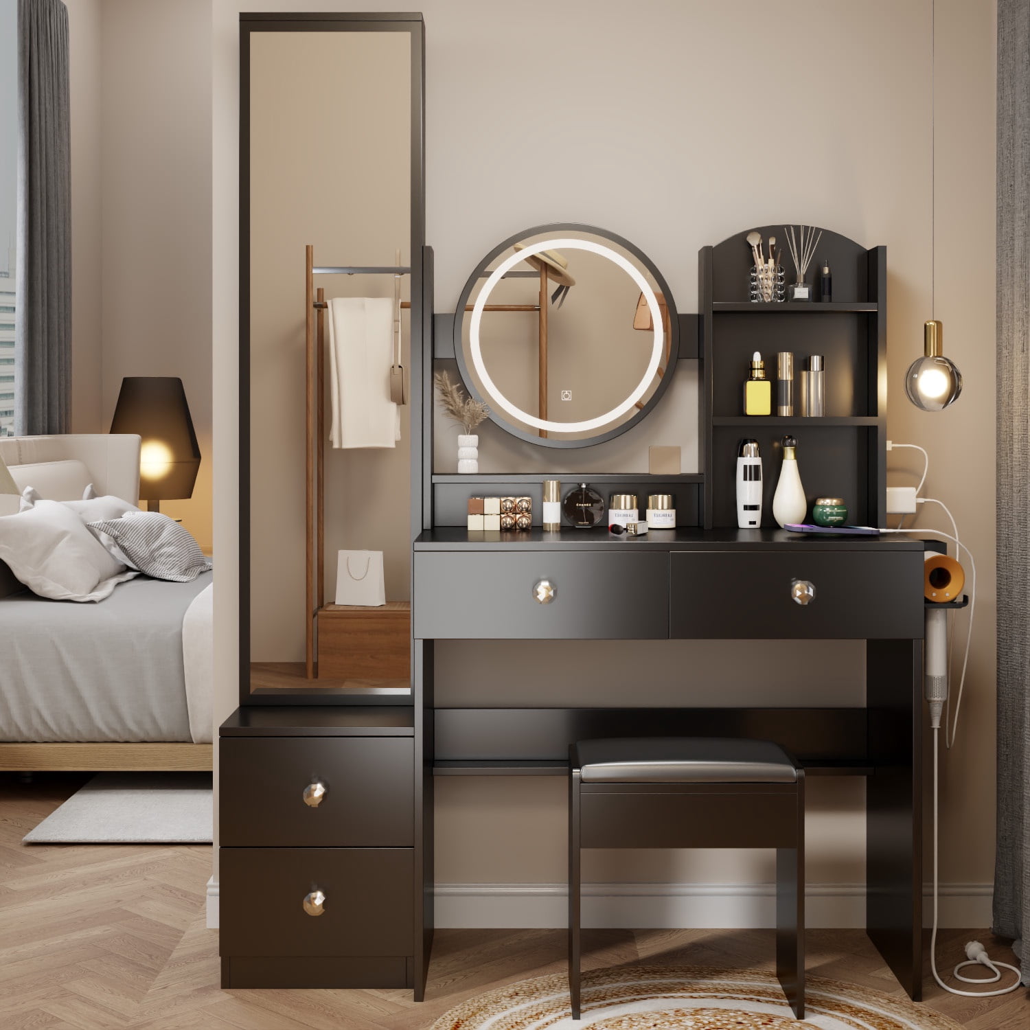 PORKISS Black Makeup Vanity Table Set, Modern Makeup Vanity with Full ...