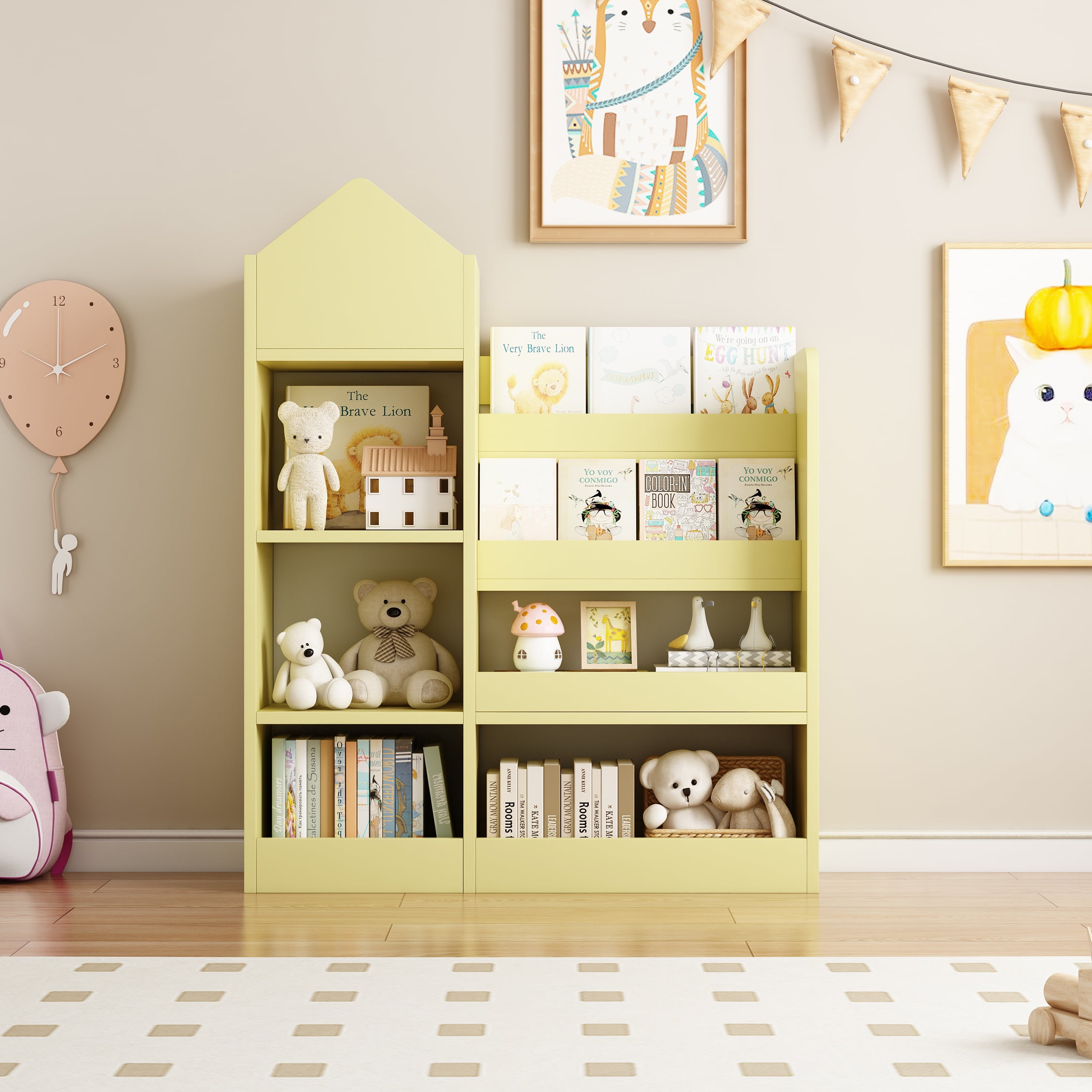 PORKISS Bookshelf for Kids, Wood Kids Bookcase with Toy Storage ...