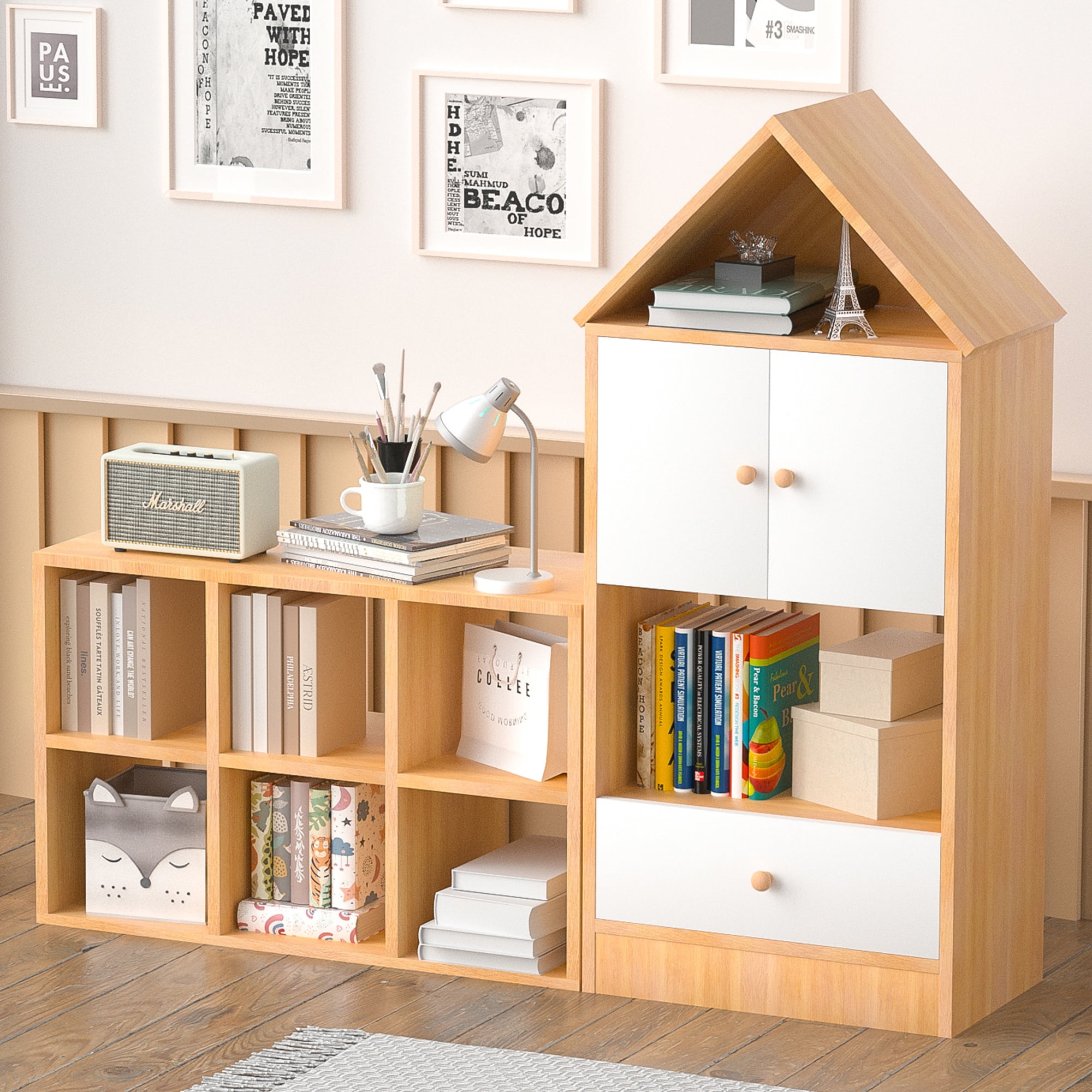 PORKISS Bookshelf for Kids, Wooden Kids Bookshelf with House-Shaped ...
