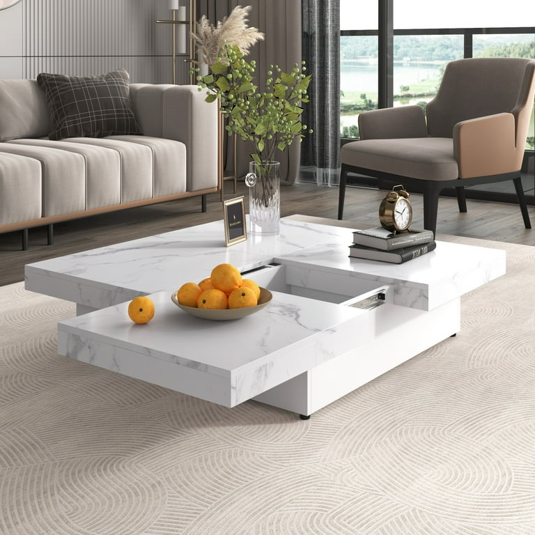 Porkiss Living Room Coffee Table Marble Veneer Square with Sliding Top and Ample Storage Space Modern Freestanding Cocktail Table