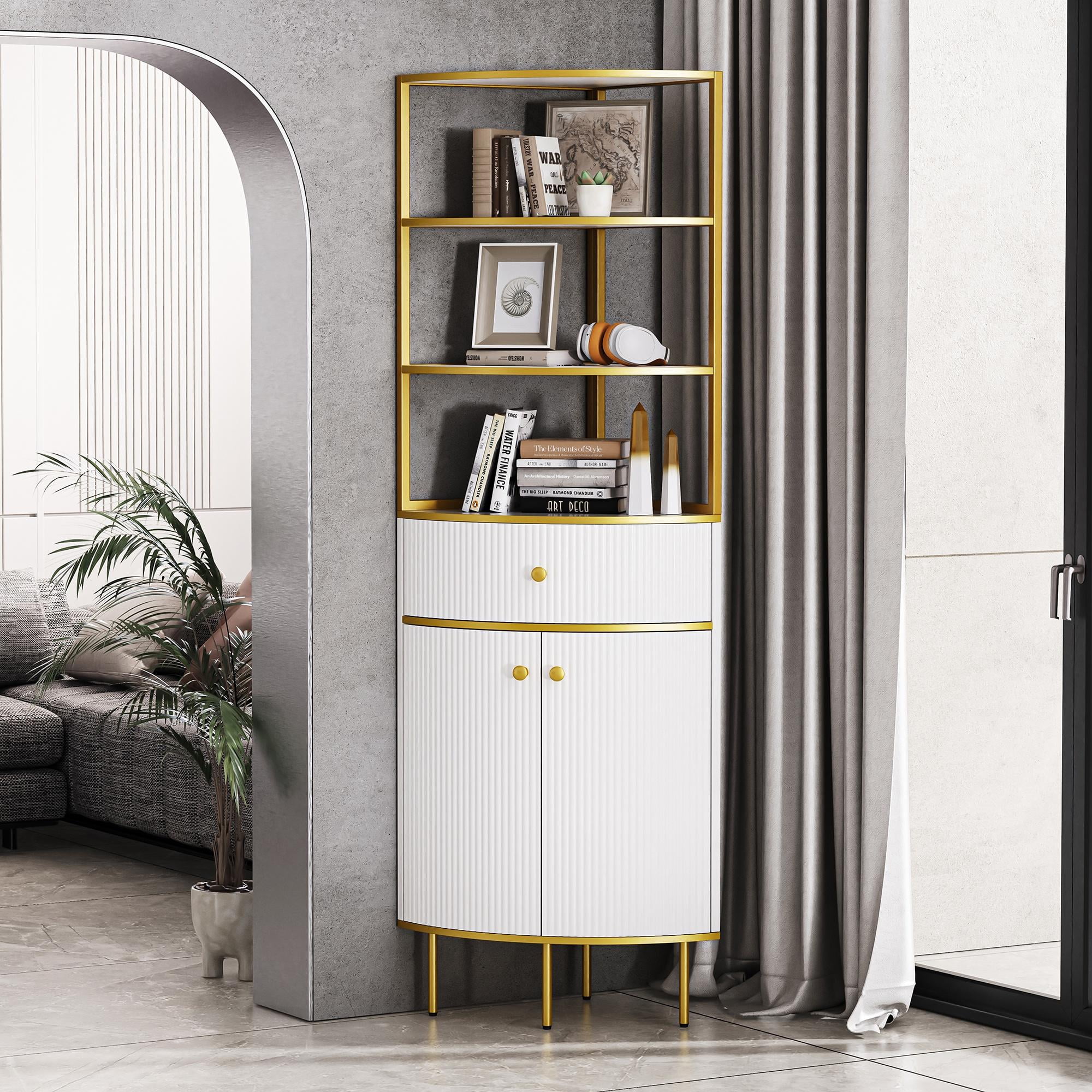 PORKISS Corner Bookshelf with Doors, Wooden & Metal Corner Bookshelf ...