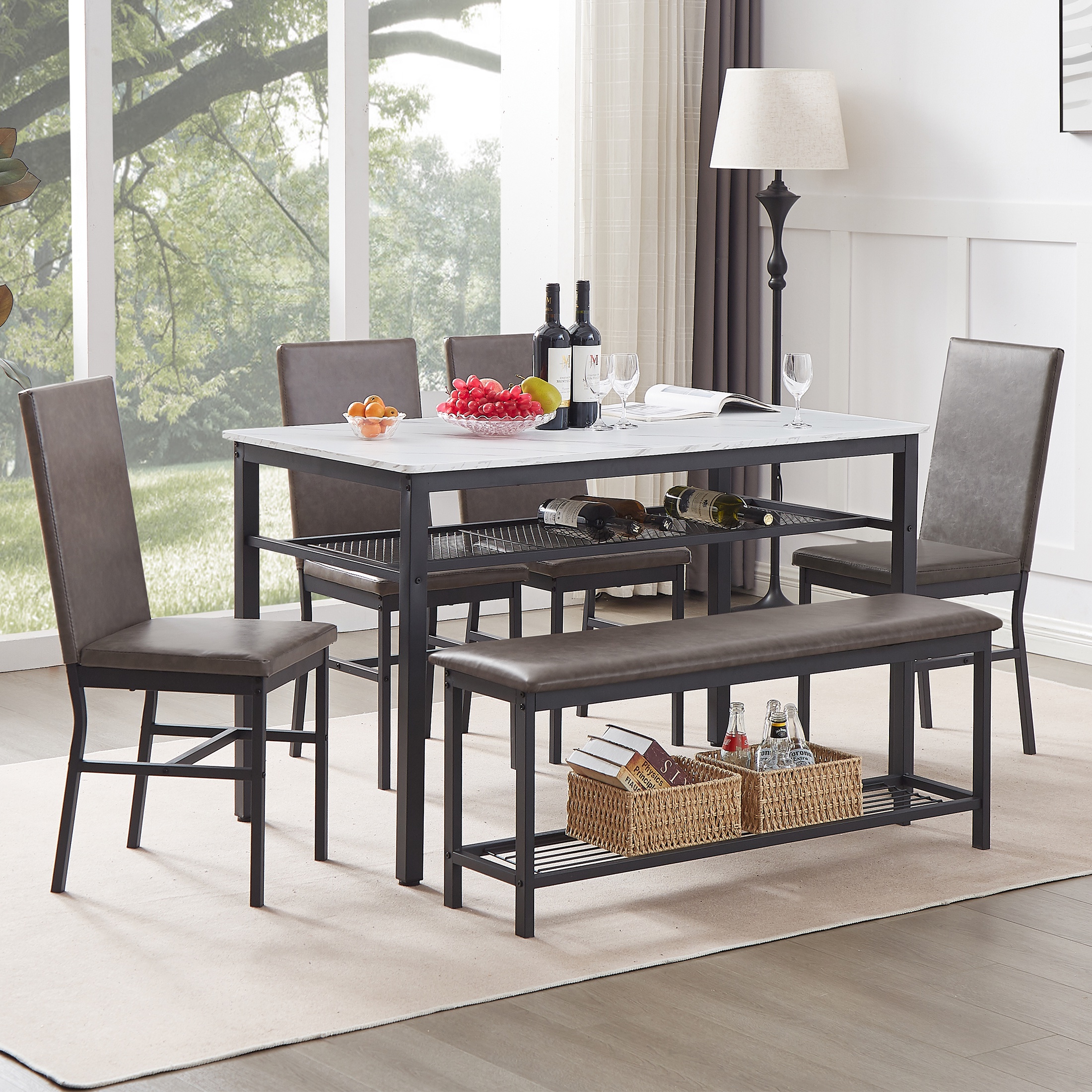 PORKISS Dining Room Set for 6, Modern Dining Table Set for 6 with Faux Marble Table, 4 Leather ...