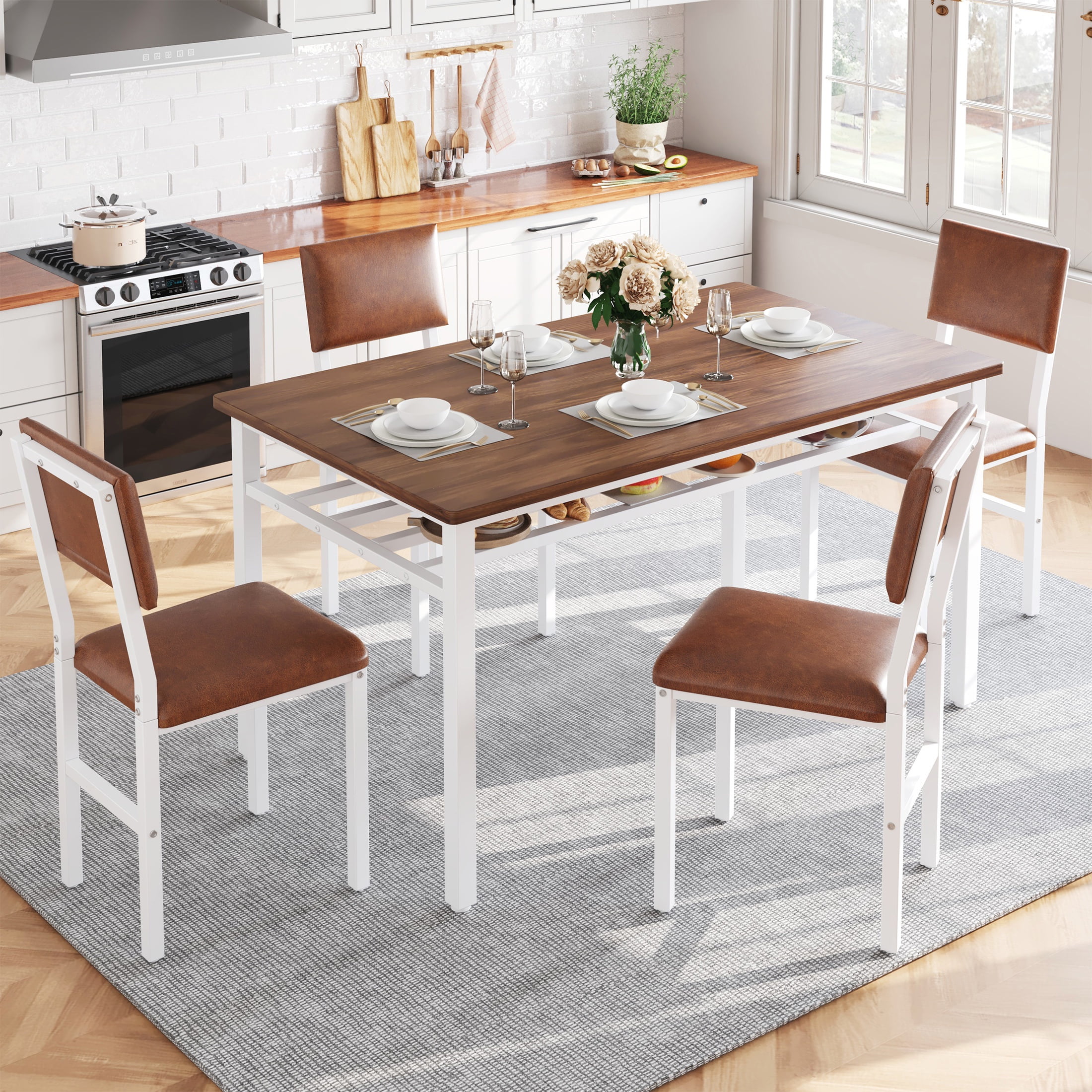 PORKISS 5 Piece Dining Table Set, Modern Dining Room Set with 4 PU ...