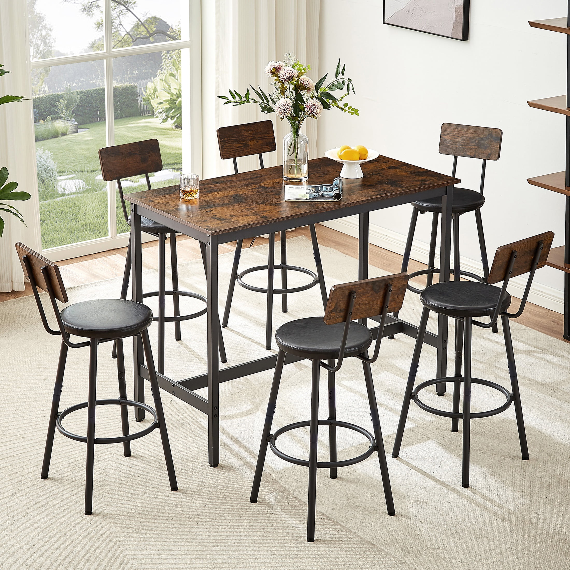 PORKISS Dining Table Set, Dining Room Set 7 Pieces, Rustic Bar Table ...
