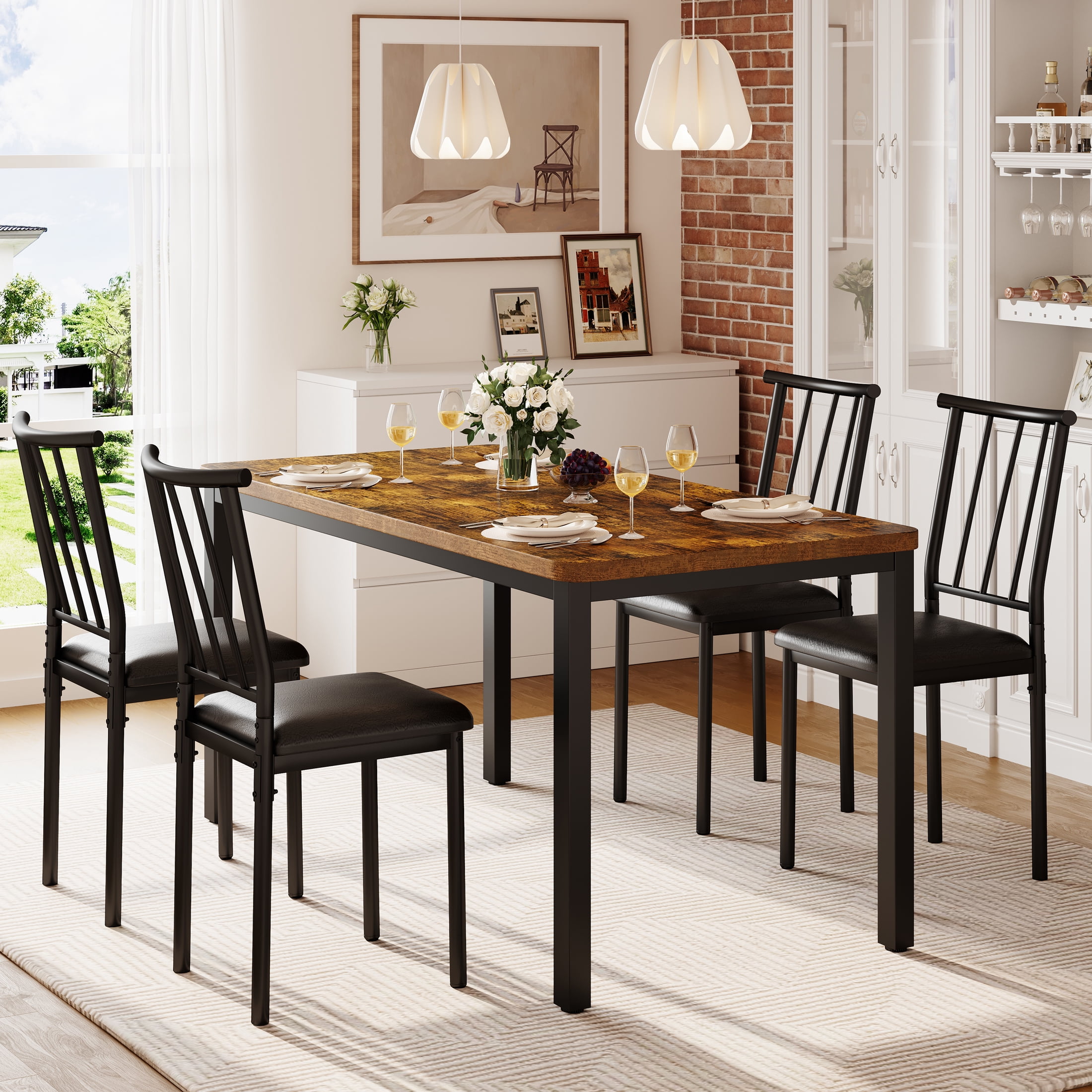 PORKISS 5 Piece Dining Room Set, Dining Room Table for 4 Leather ...