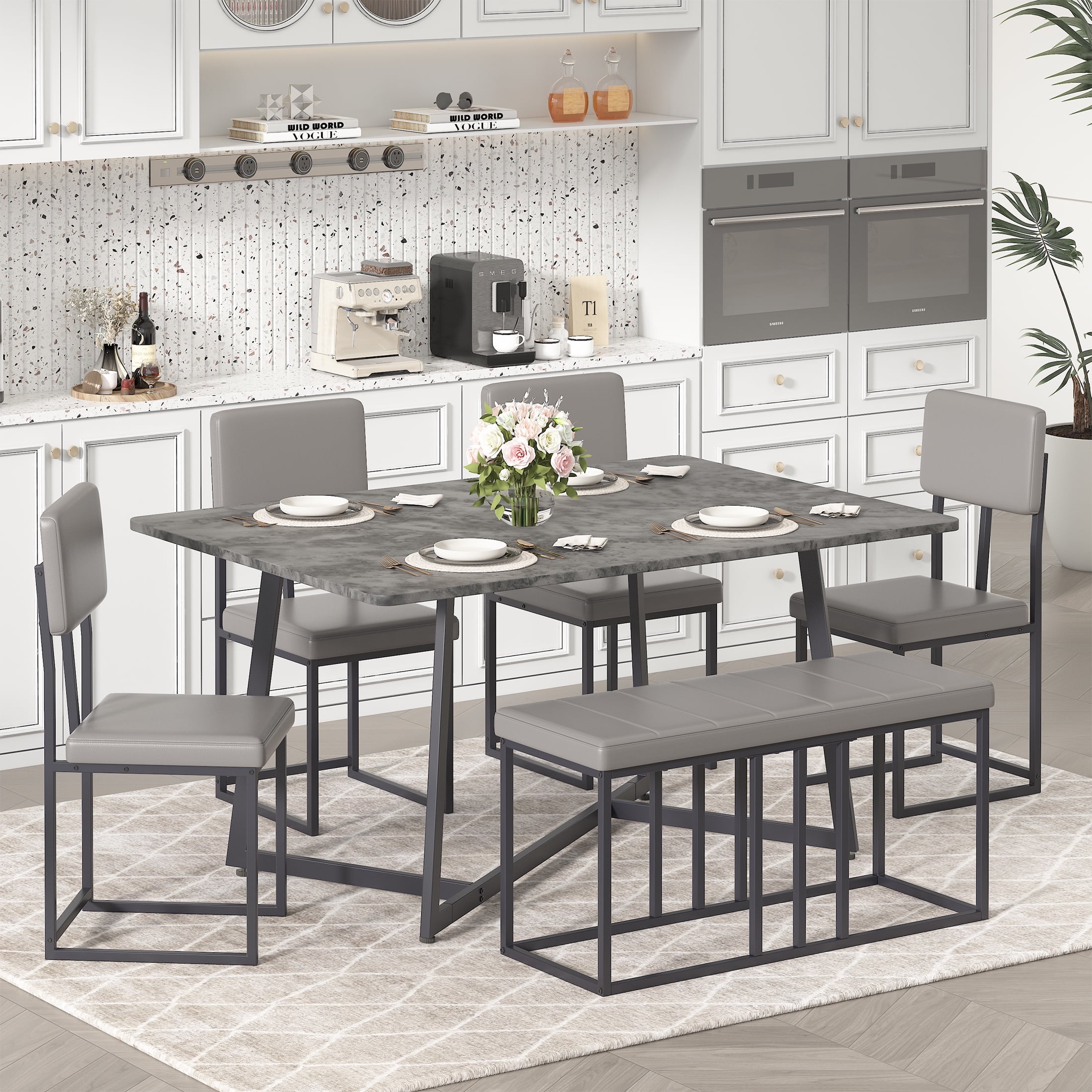 PORKISS Kitchen Dining Table Set for 6, Modern Dining Room Set for 6 ...