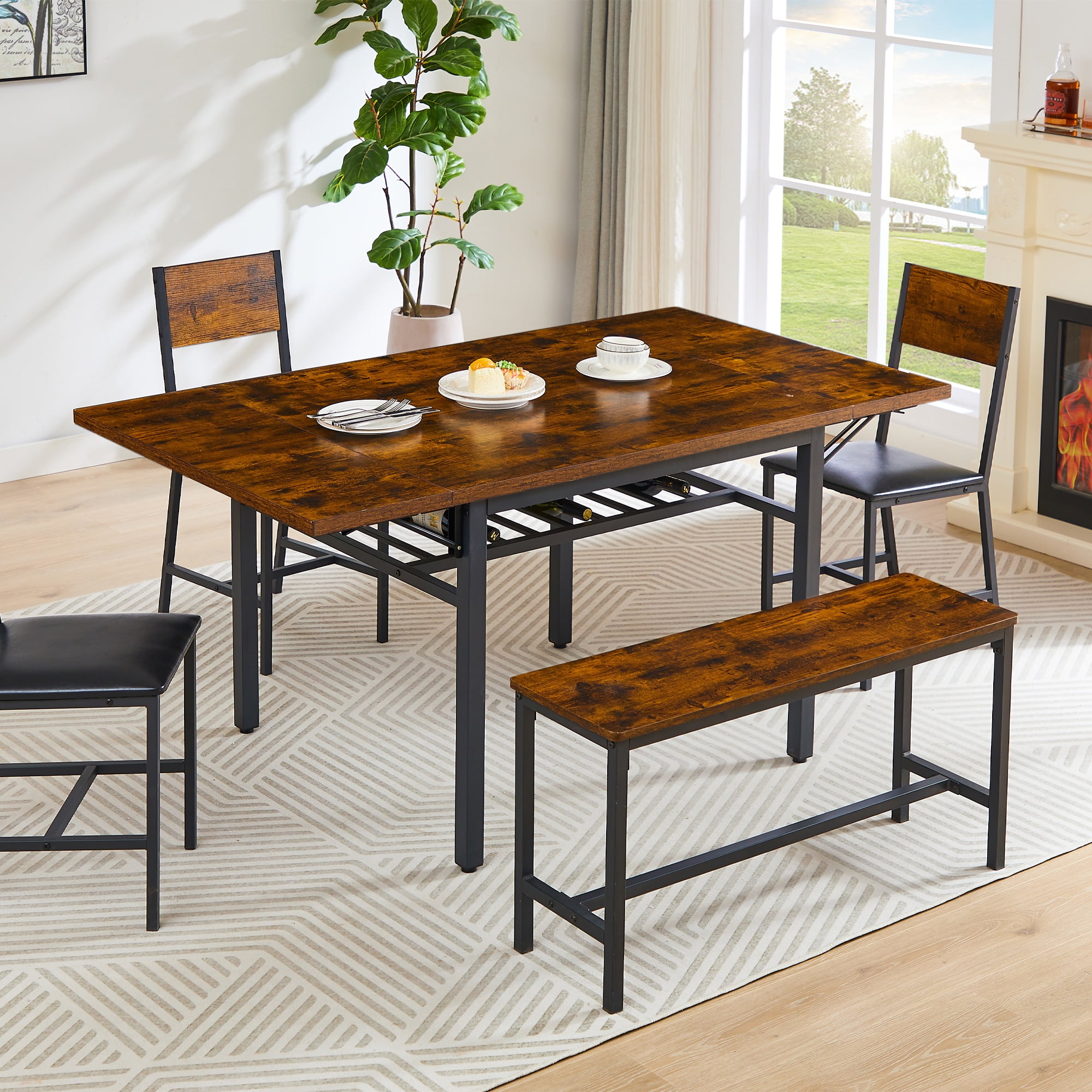 PORKISS Drop Leaf Dining Table for 4-6 People, Folding Kitchen Dining ...