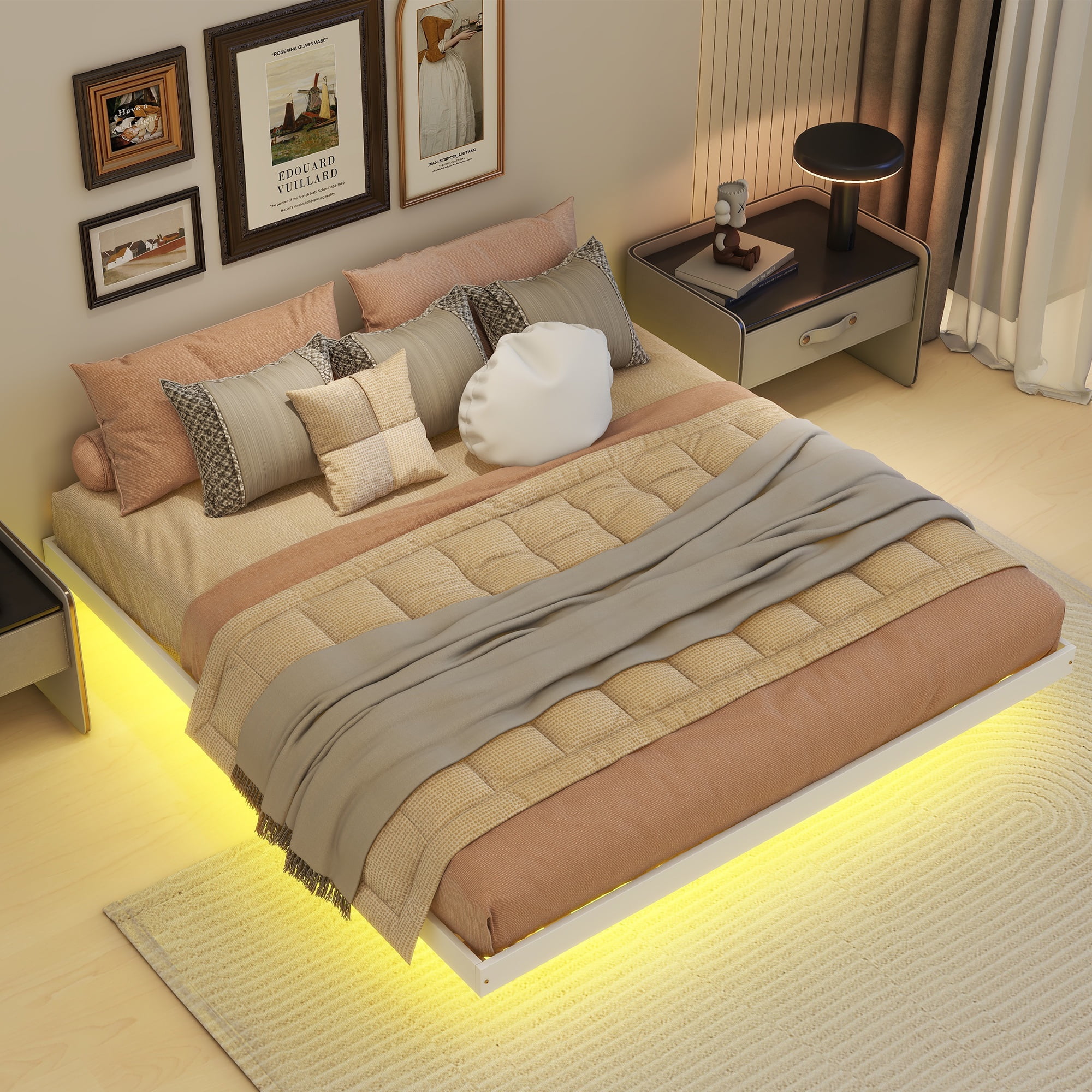 PORKISS Floating Bed Frame, King Size Wood Bed Frame with LED Lights ...