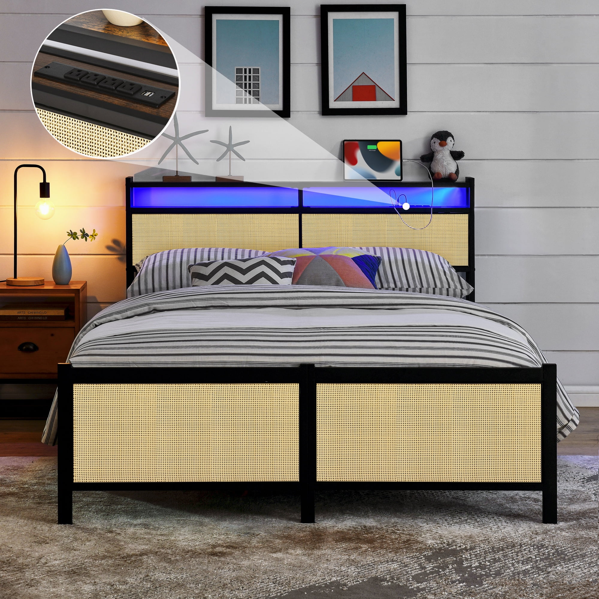 PORKISS Full Size Bed Frame with Storage, Lamp Headboard, Metal ...