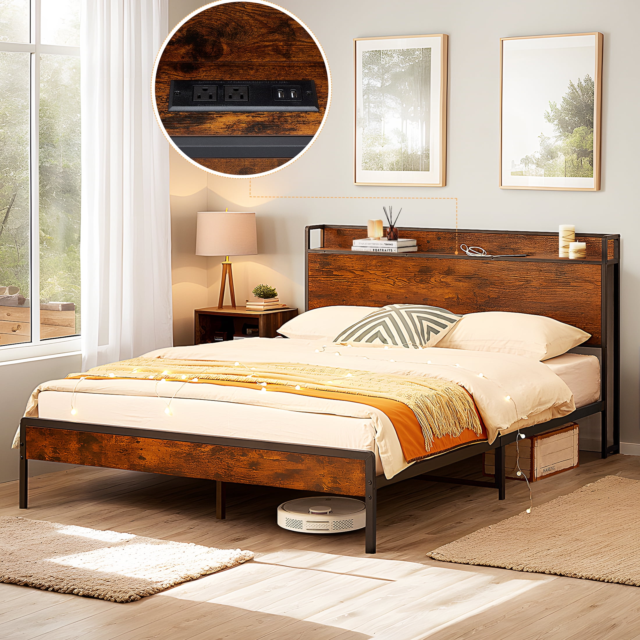 PORKISS Full Size Bed Frame with Storage Headboard, Metal Bed Frame ...