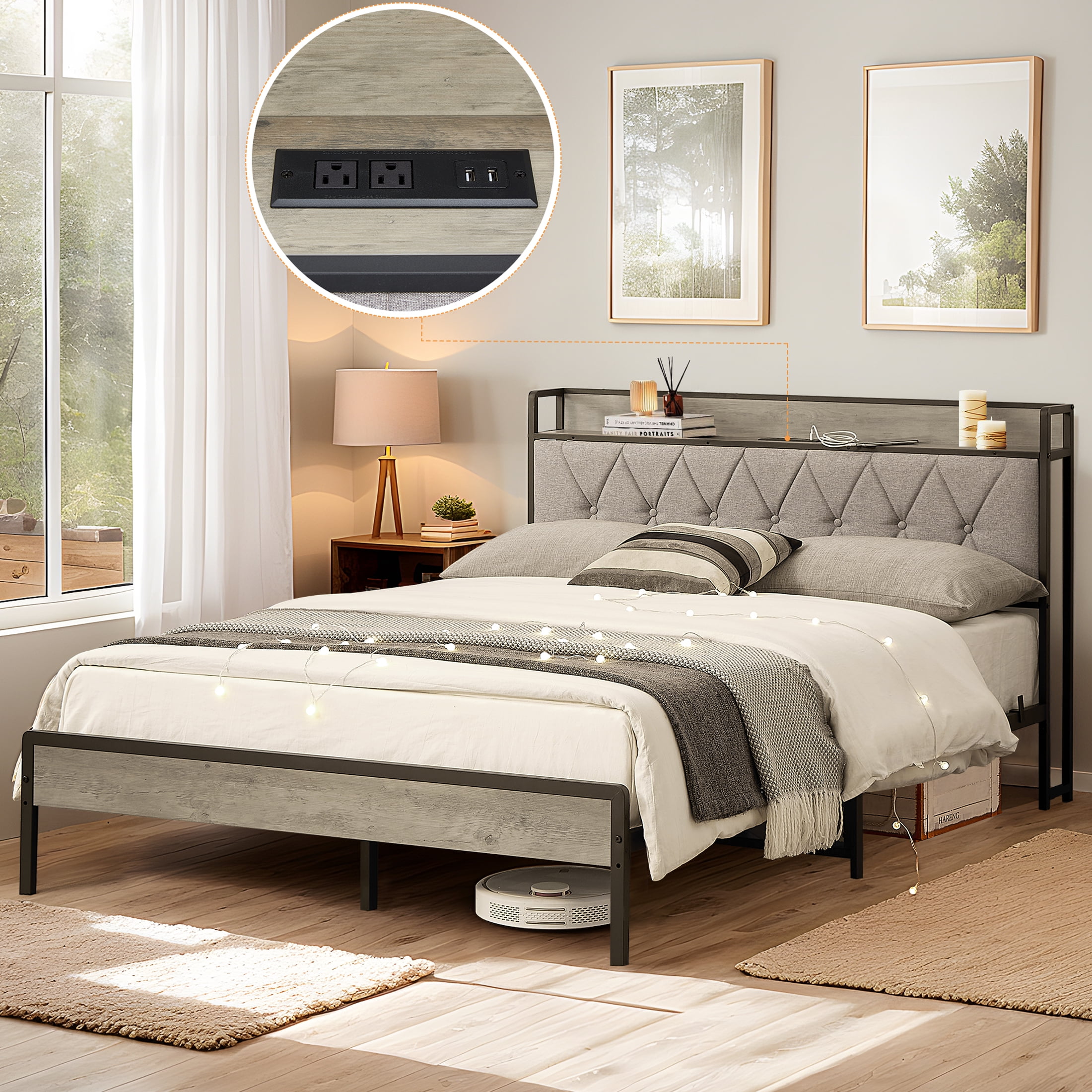 PORKISS Full Size Bed Frame with Storage Headboard, Metal Bed Frame ...