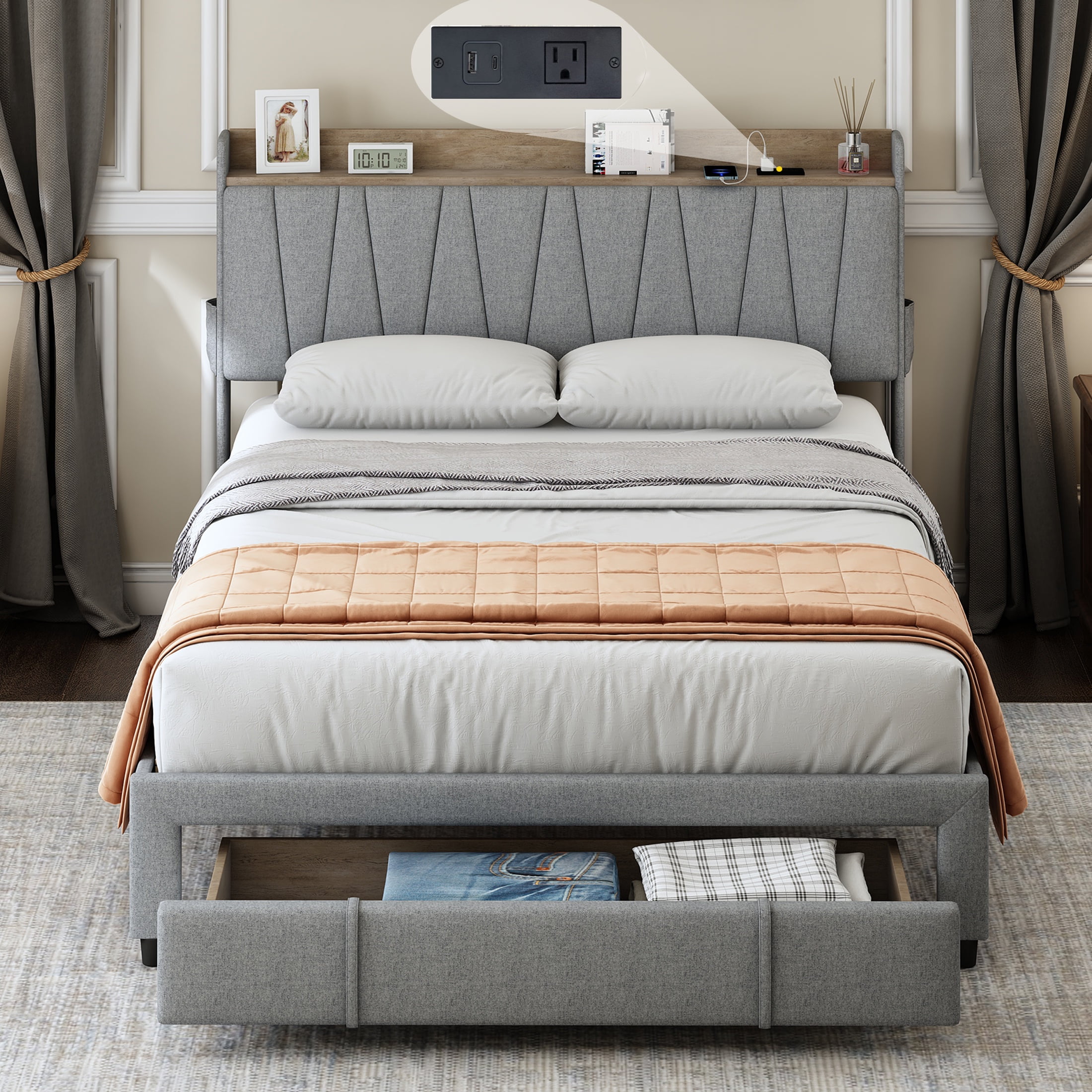 PORKISS Full Size Bed Frame with USB Ports, Drawers and Storage ...