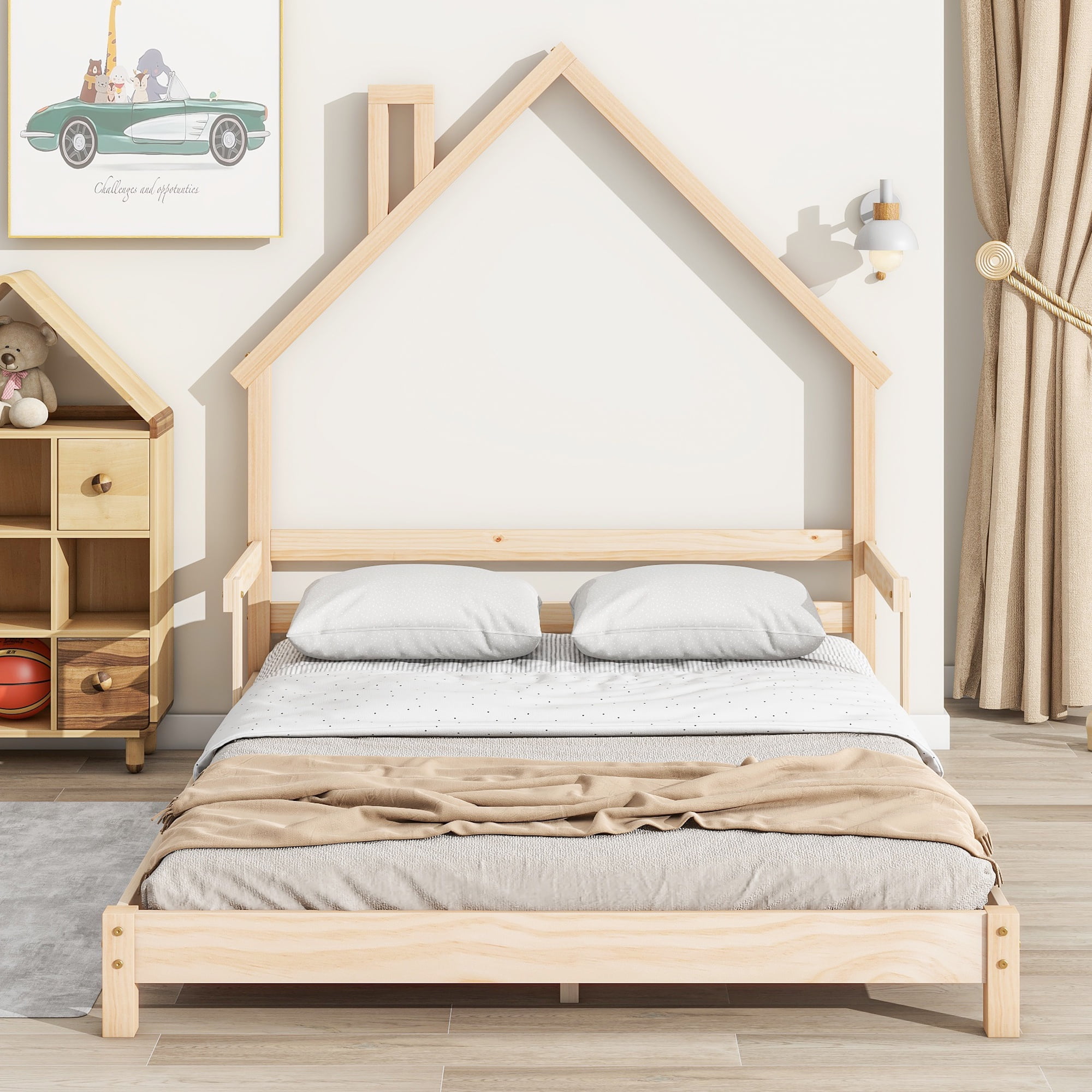 PORKISS Full Size House Bed, Wood Floor Bed Frame with House-Shaped ...