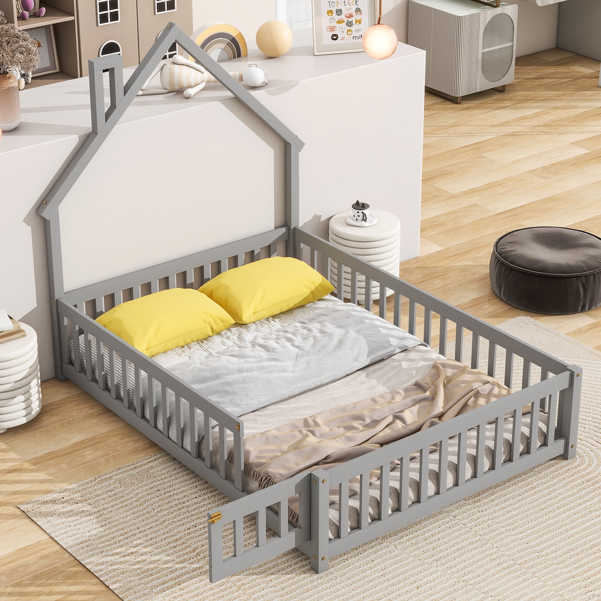 PORKISS Full Size House Platform Bed for Kids with House-Shaped ...