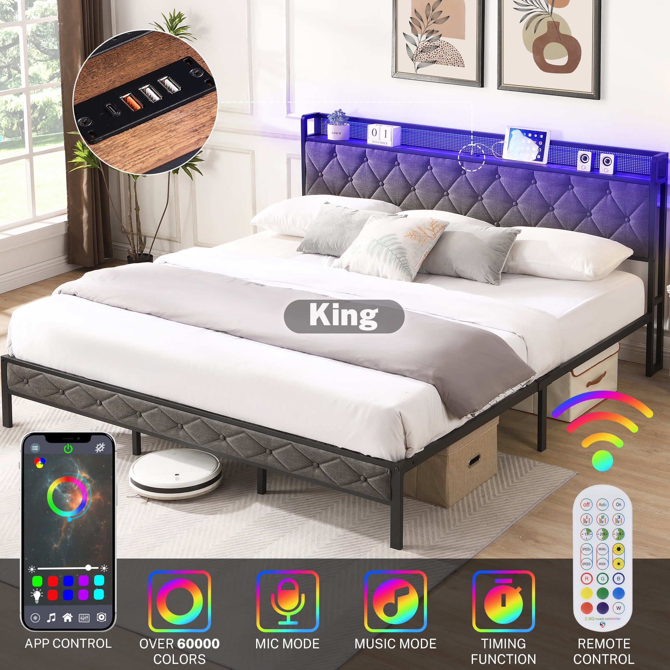 Free Shipping! PORKISS King Size Bed Frame with USB & Type-C Port ...